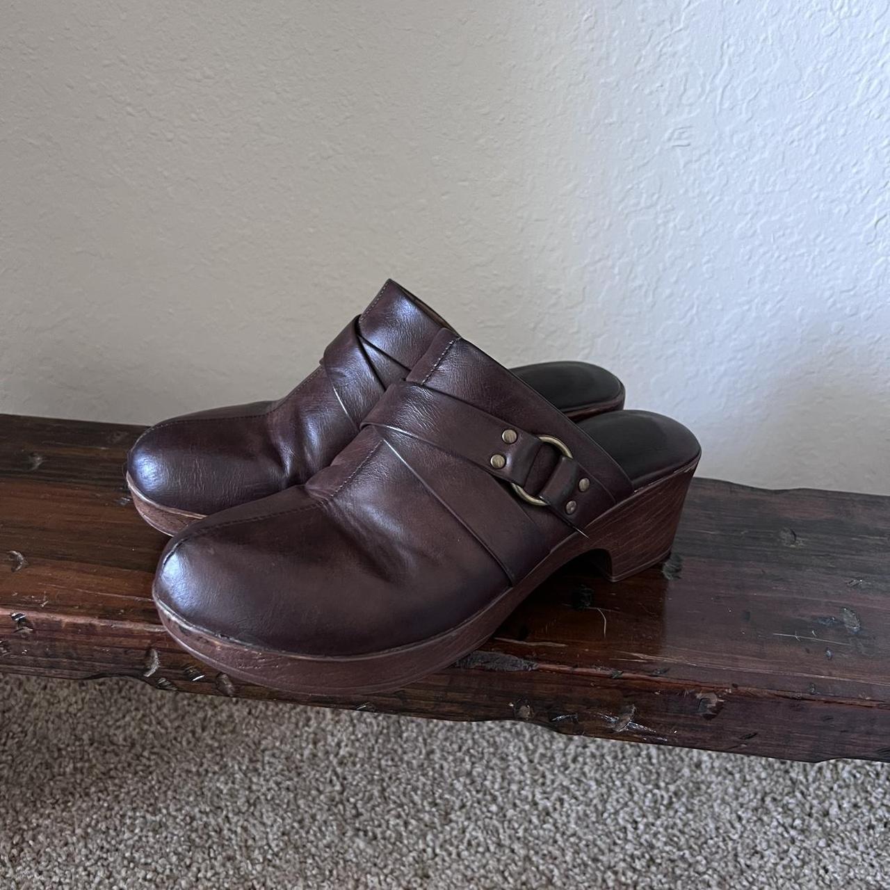 Brown buckle ring clogs Wooden design sole Minor... - Depop