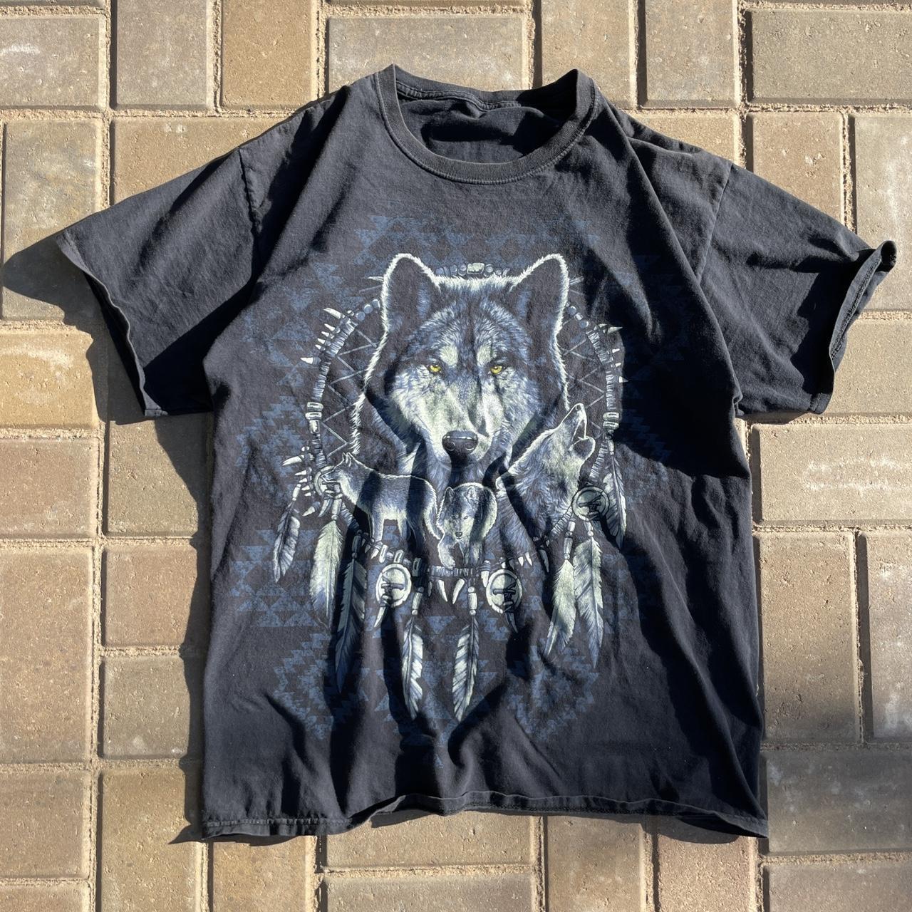 2000’s Y2K wolf tribal print tee. No tag, fits like... - Depop