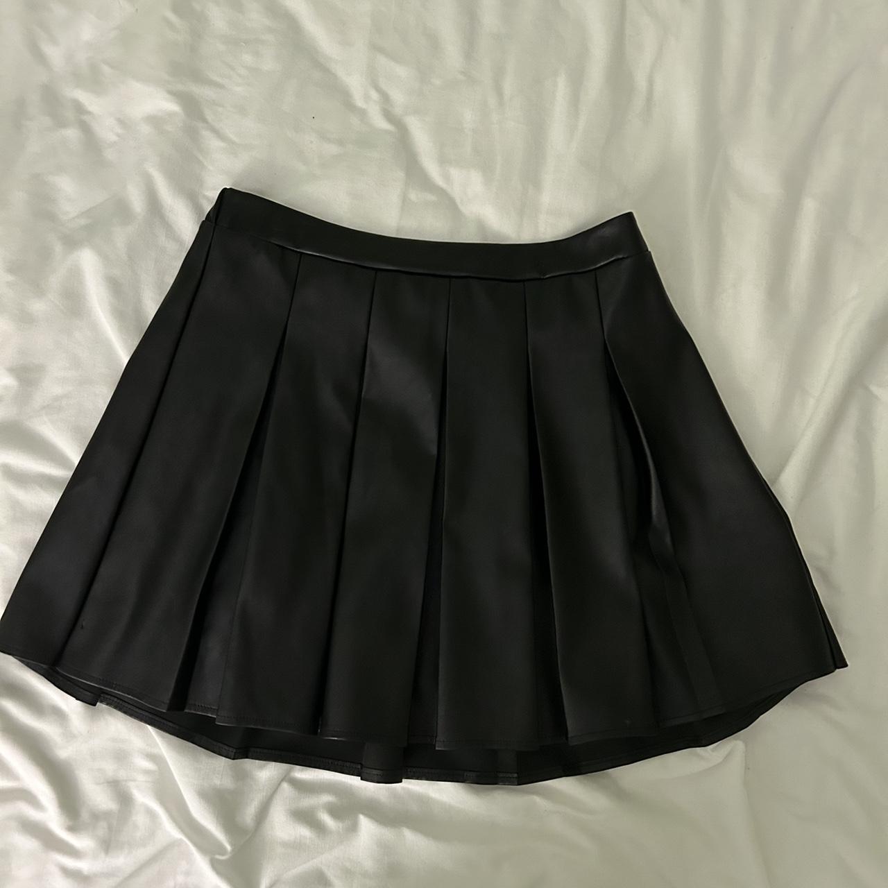 super cute 90s black leather pleated skirt really... - Depop