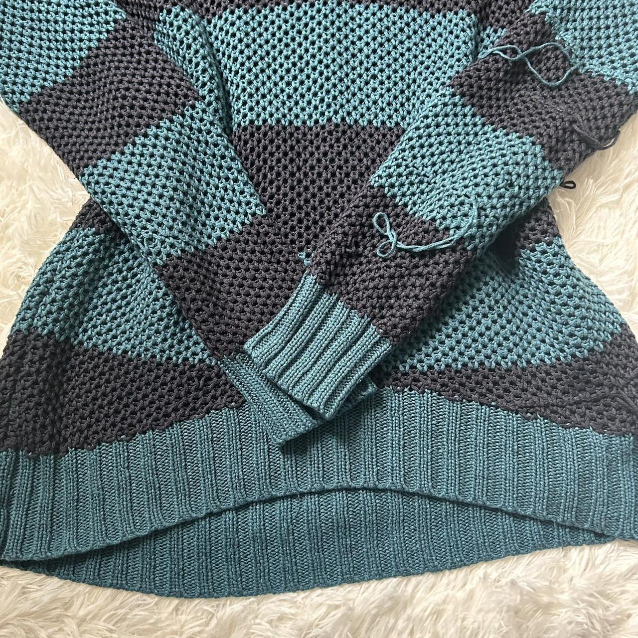 emo oversized teal and black striped sweater with a... - Depop