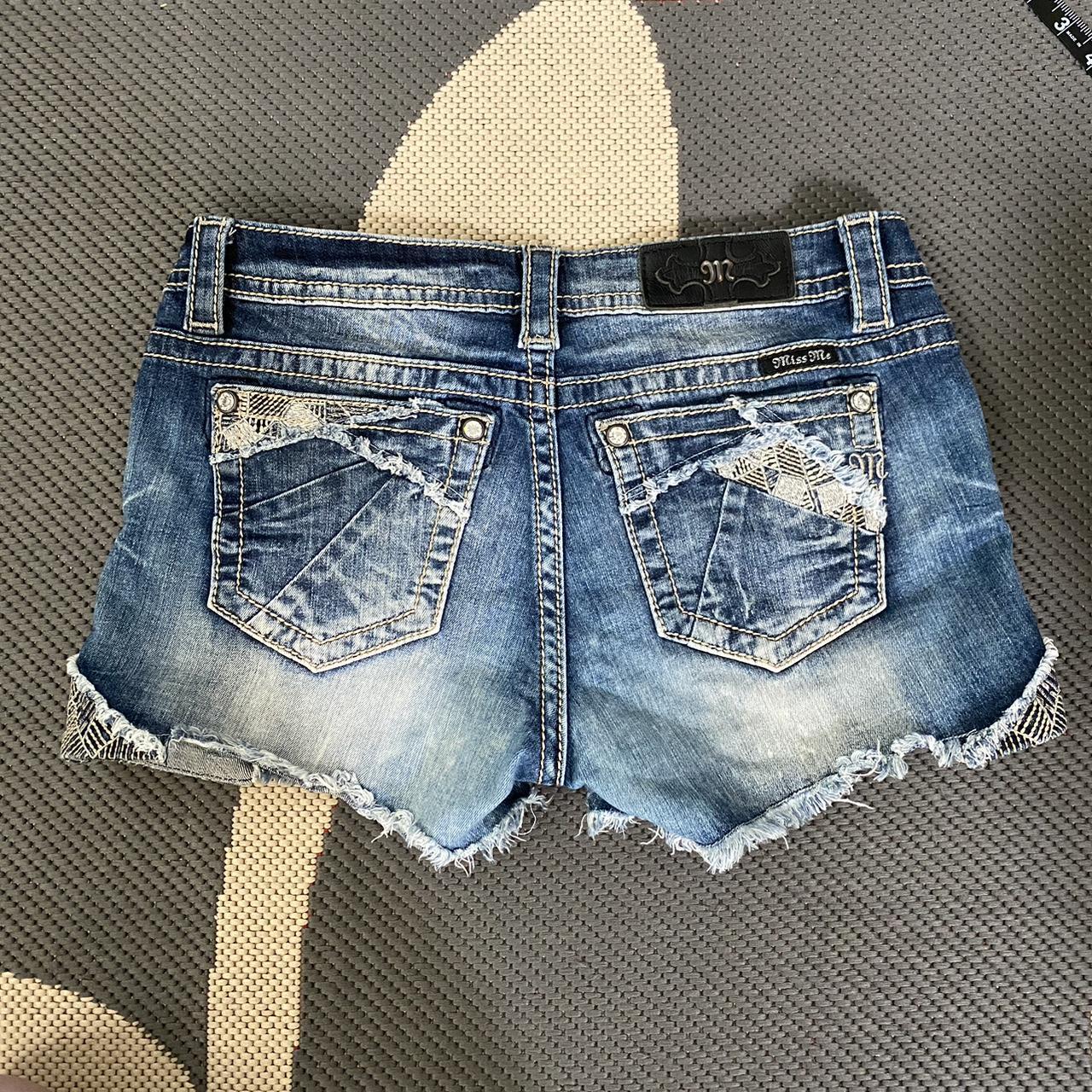 miss me denim shorts with cool embroidered/frayed... - Depop