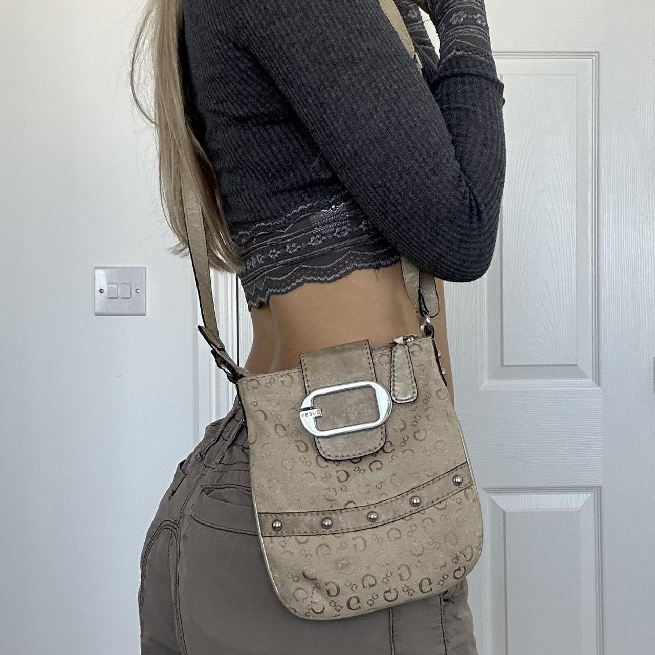 beige monogram guess side body bag good used... - Depop
