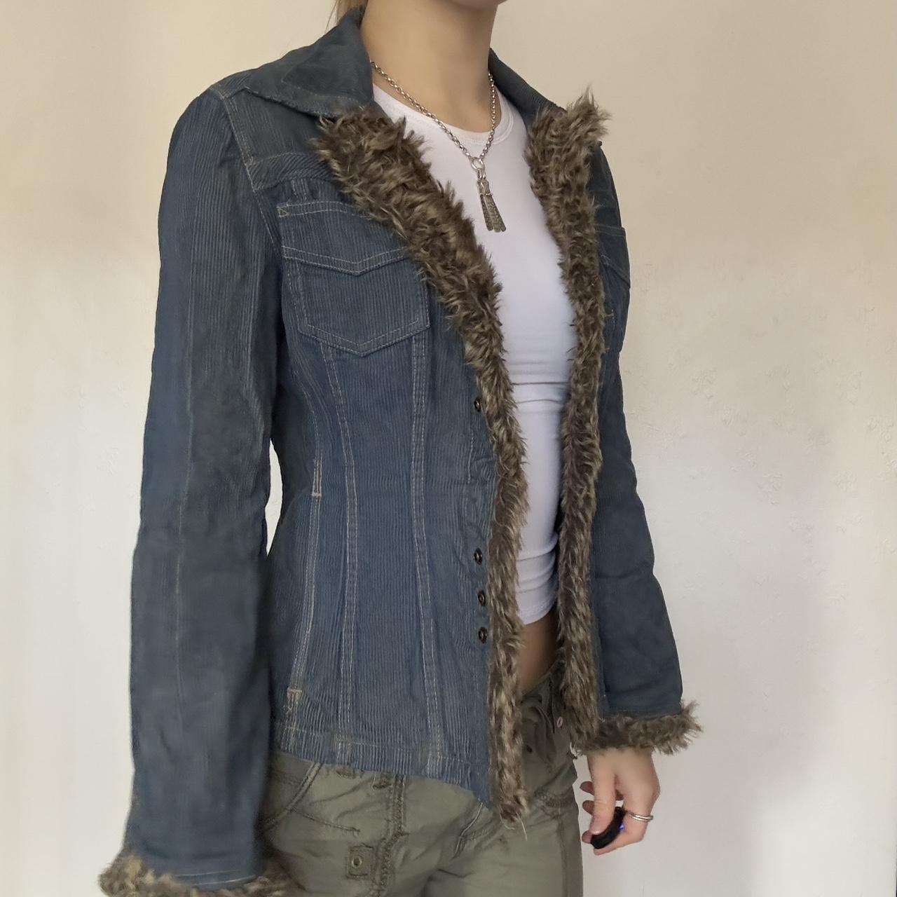blue cord y2k denim jacket with faux fur details... - Depop