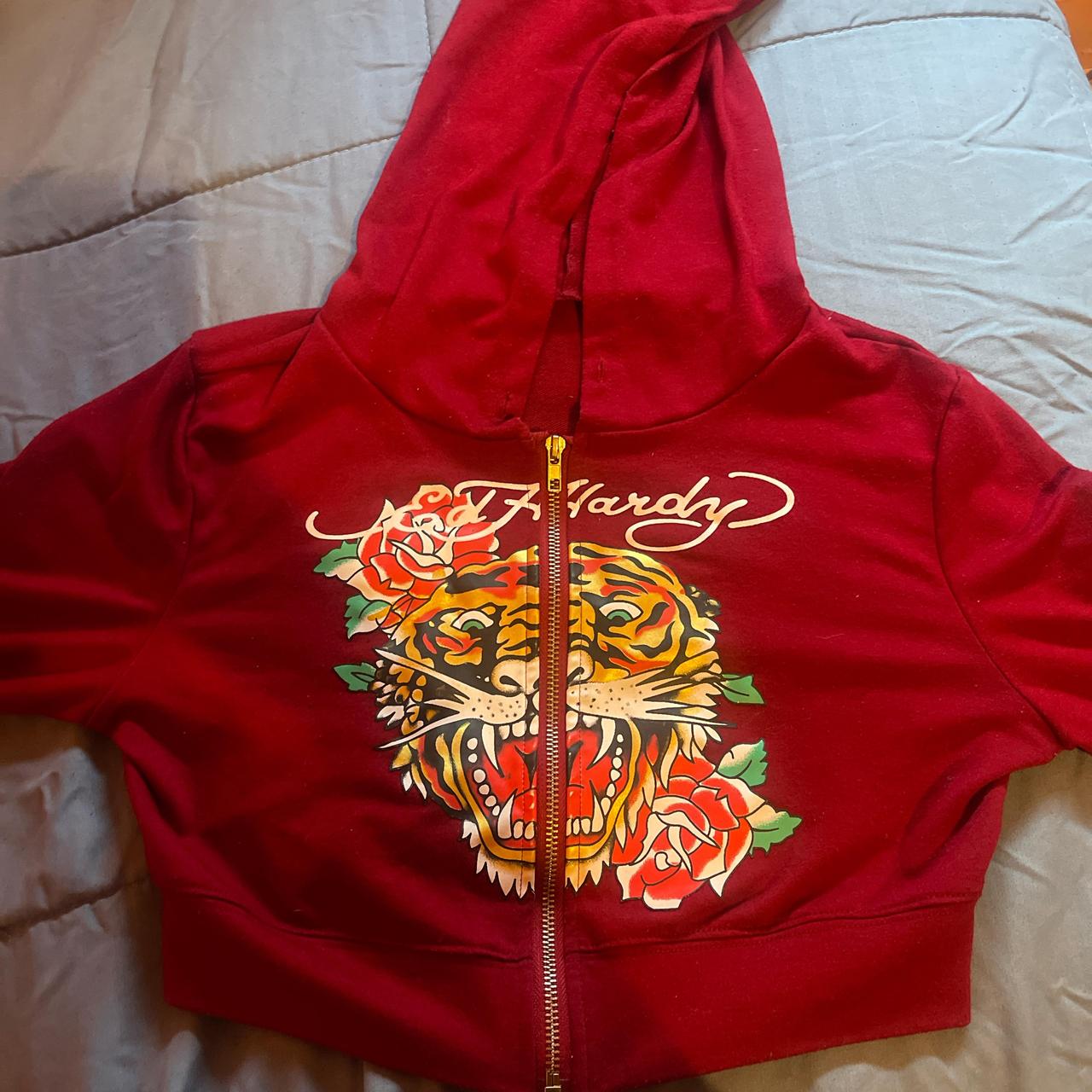 Red Ed Hardy zip-up hoodie #hoodie | Depop