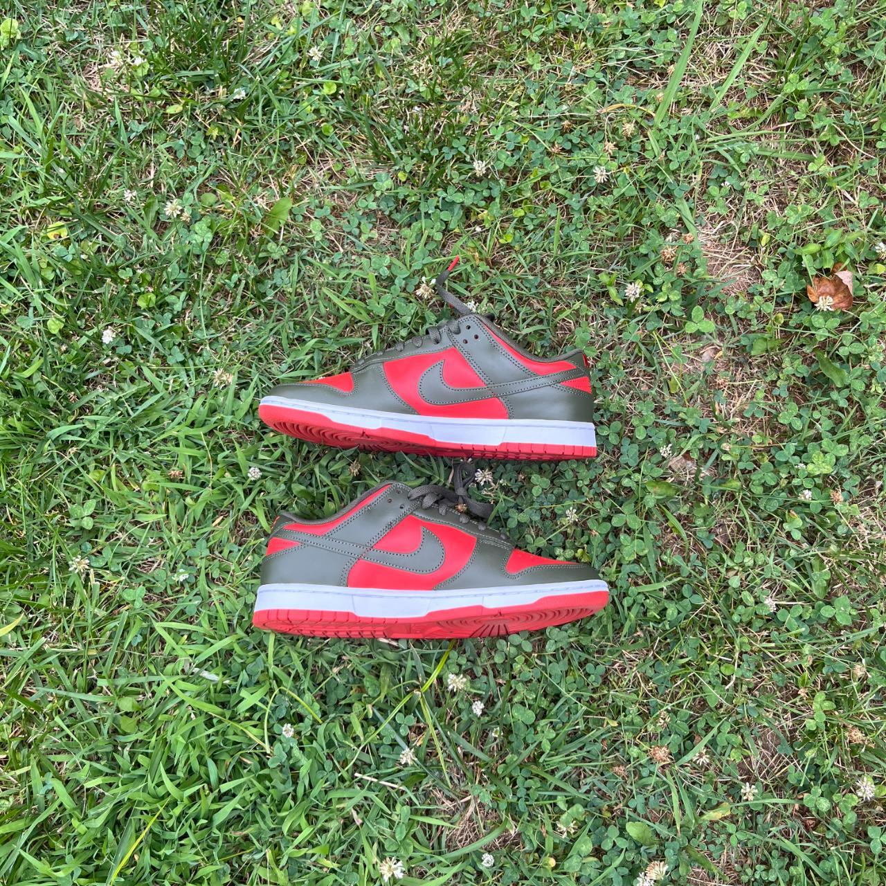Red And Green nike dunk low size 9 - Depop