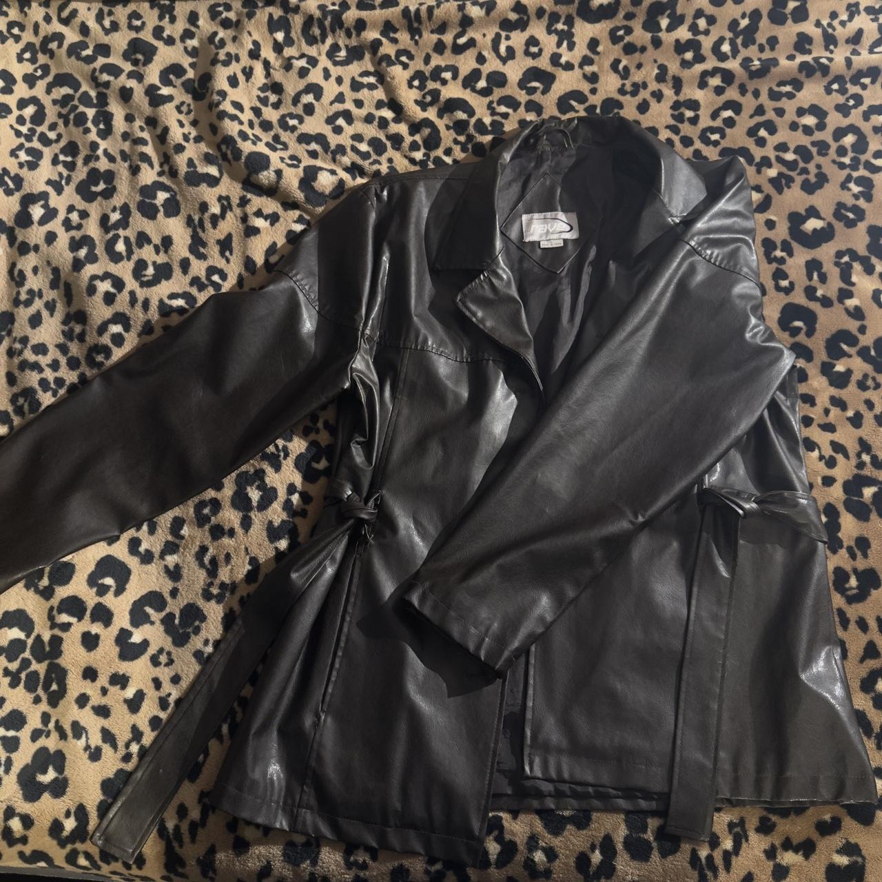 Brown faux leather belted rave jacket... - Depop