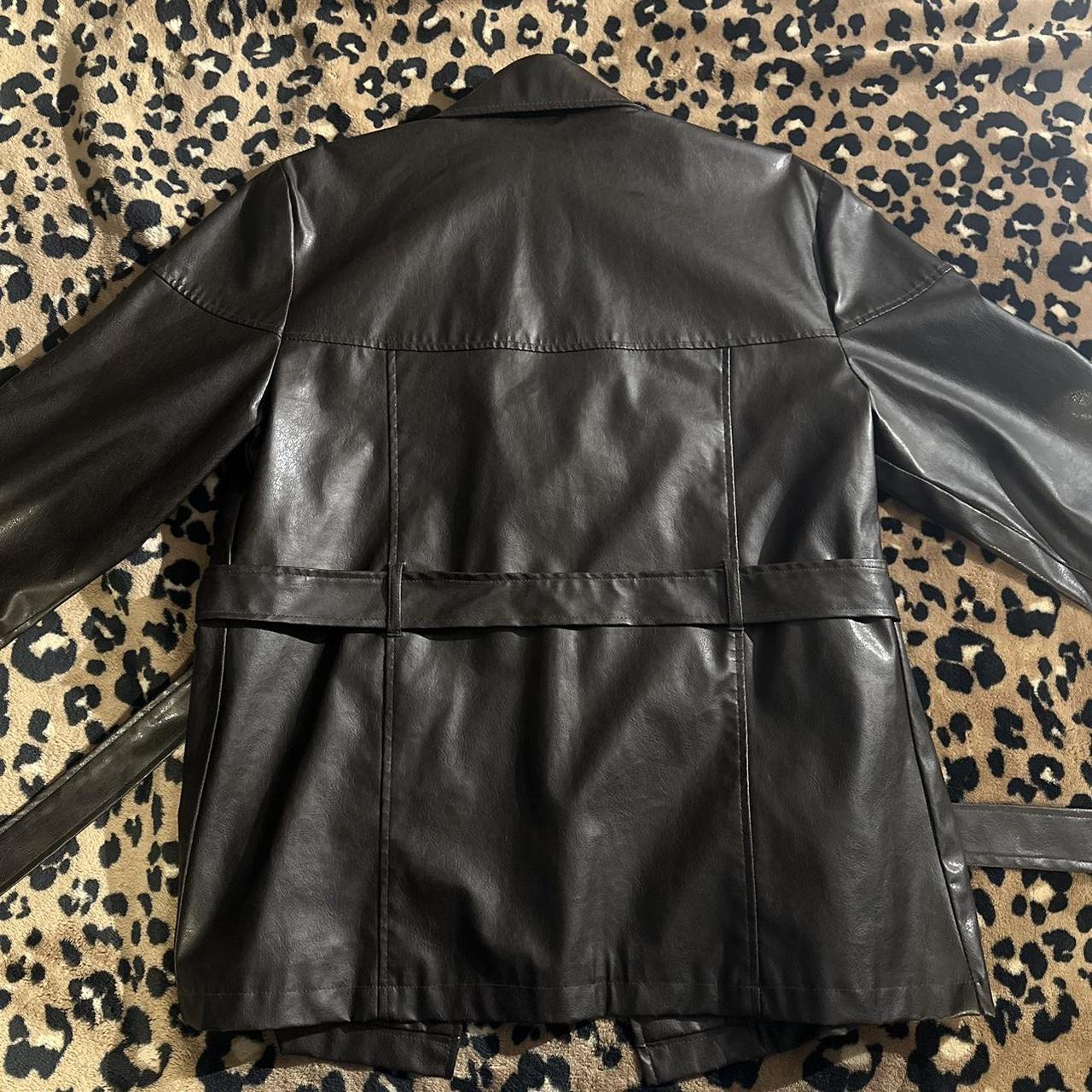 Brown faux leather belted rave jacket... - Depop