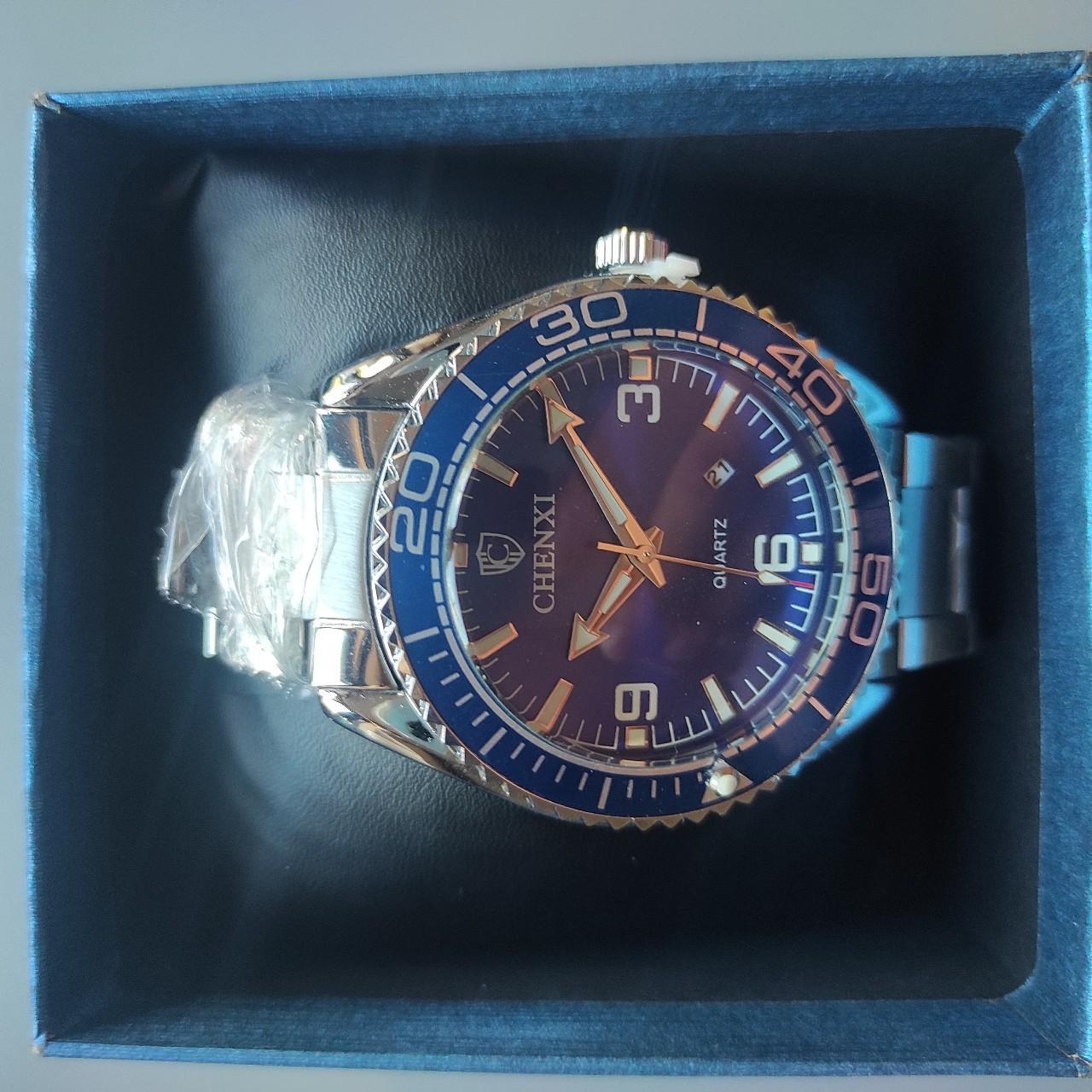 Classic Business Luxury Mens Blue and Silver Watch... - Depop