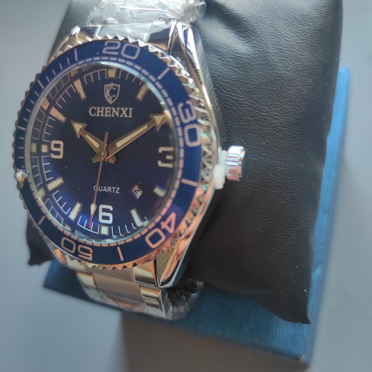 Classic Business Luxury Mens Blue and Silver Watch... - Depop
