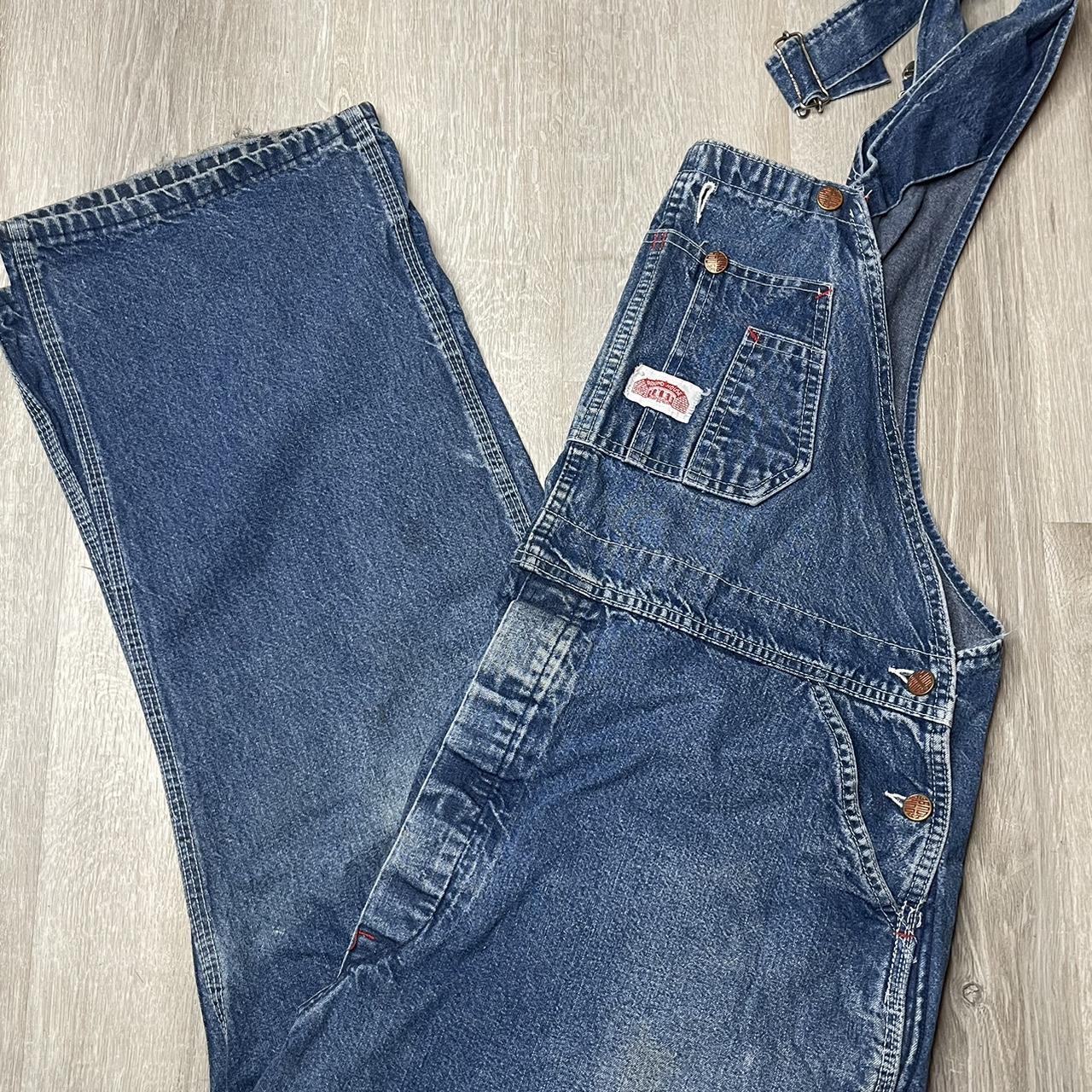 90s vintage blue denim overalls with red accents... - Depop