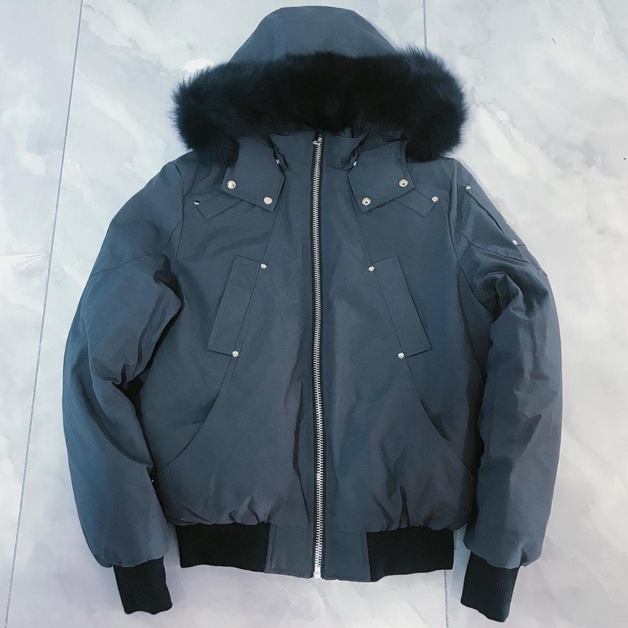 Navy Moose Knuckle Jacket with black fur hood - Depop