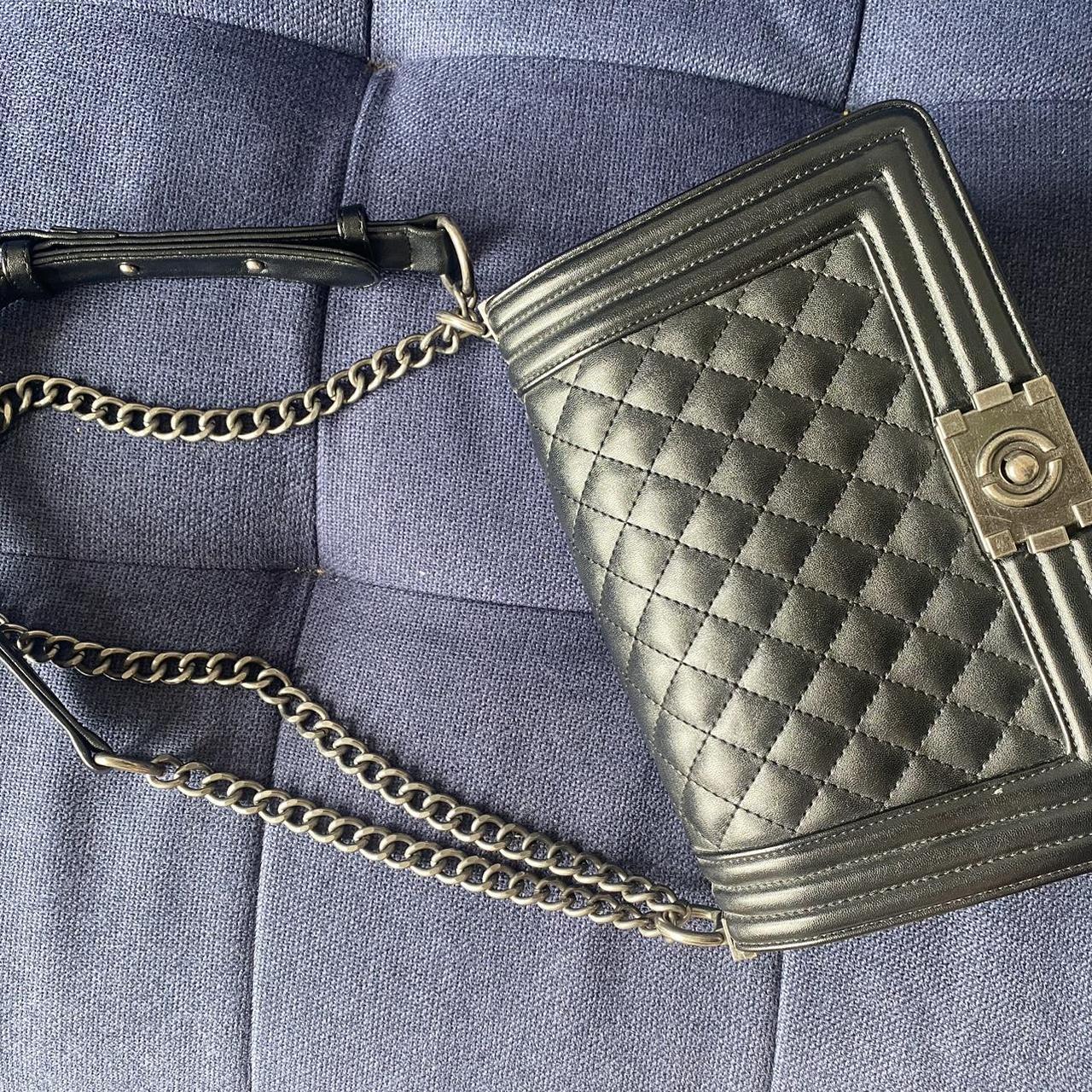2000s black quilted leather bag with chain strap... - Depop