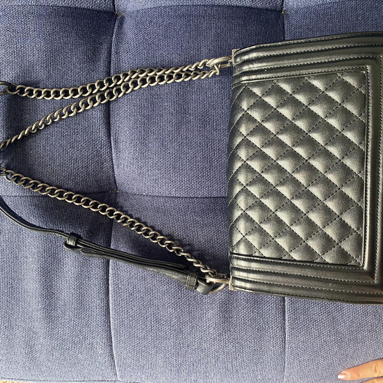 2000s black quilted leather bag with chain strap... - Depop