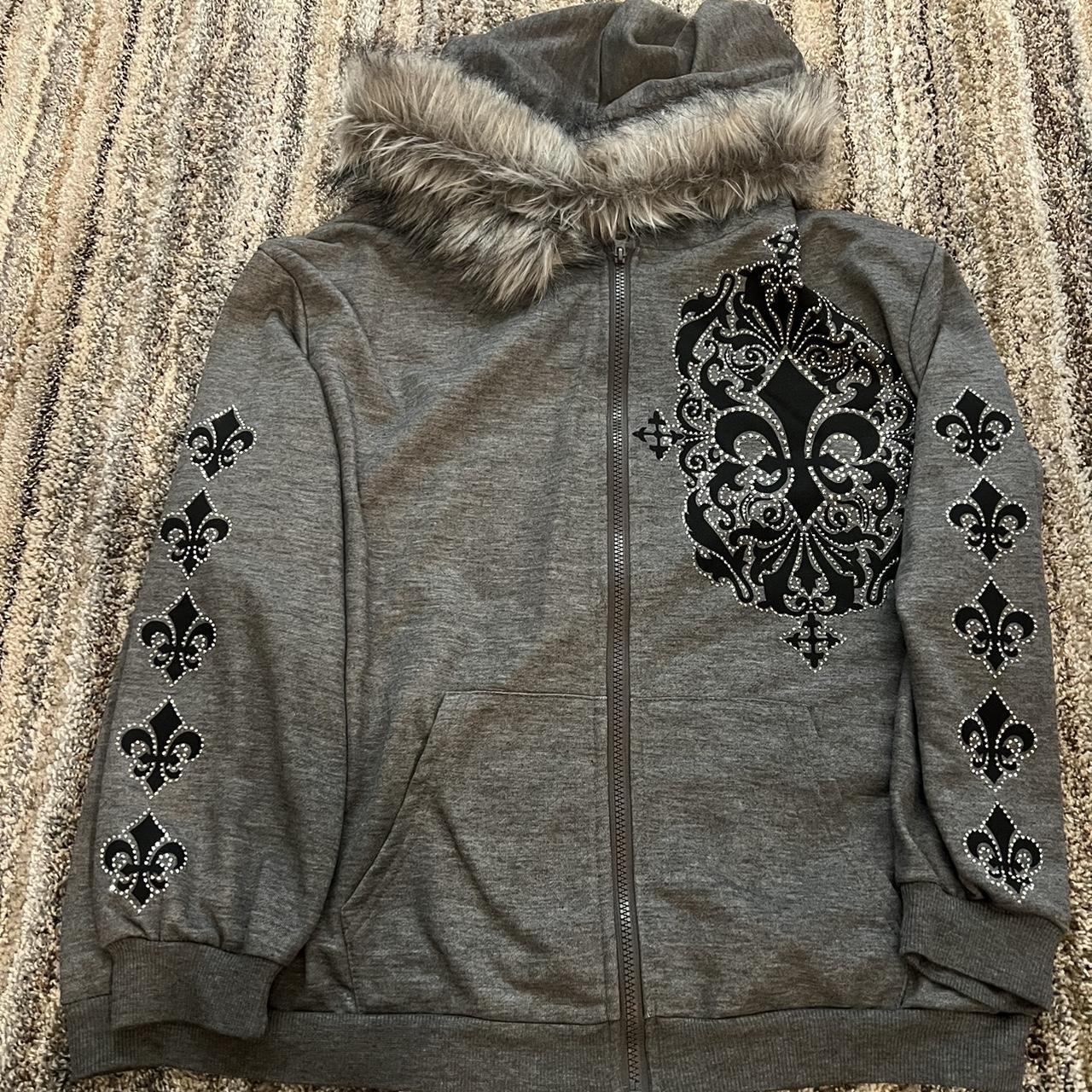 Gray detachable fur hooded jacket with blinged decals - Depop