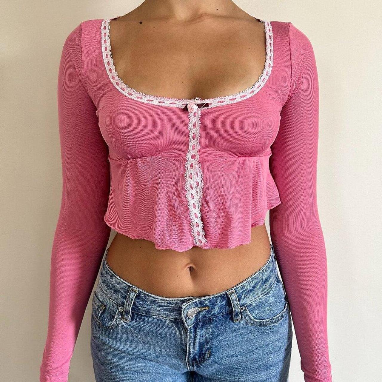 pink cropped long sleeve worn lightly - Depop