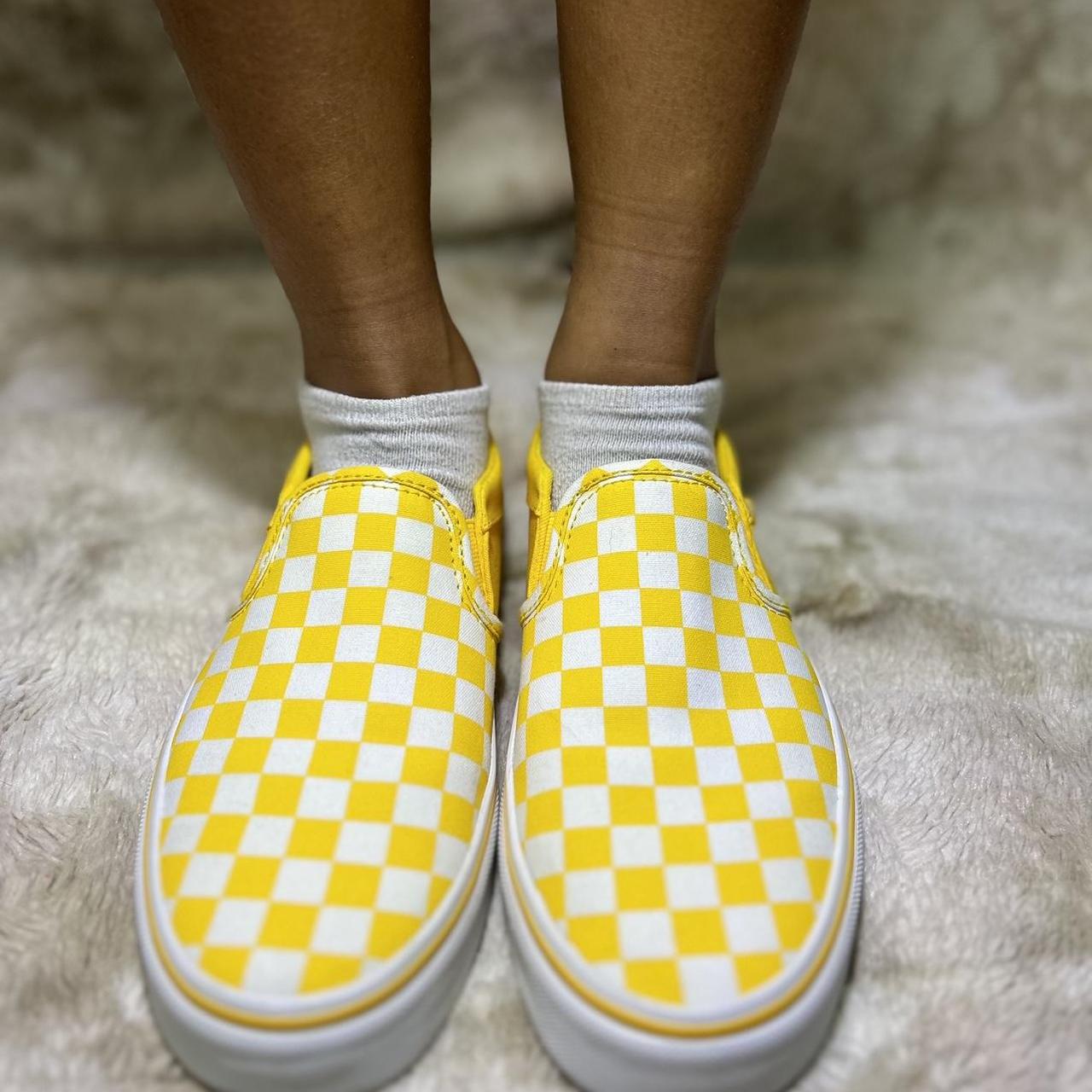 White & Yellow Checkered Vans Size 9.5 WOMENS Good... - Depop