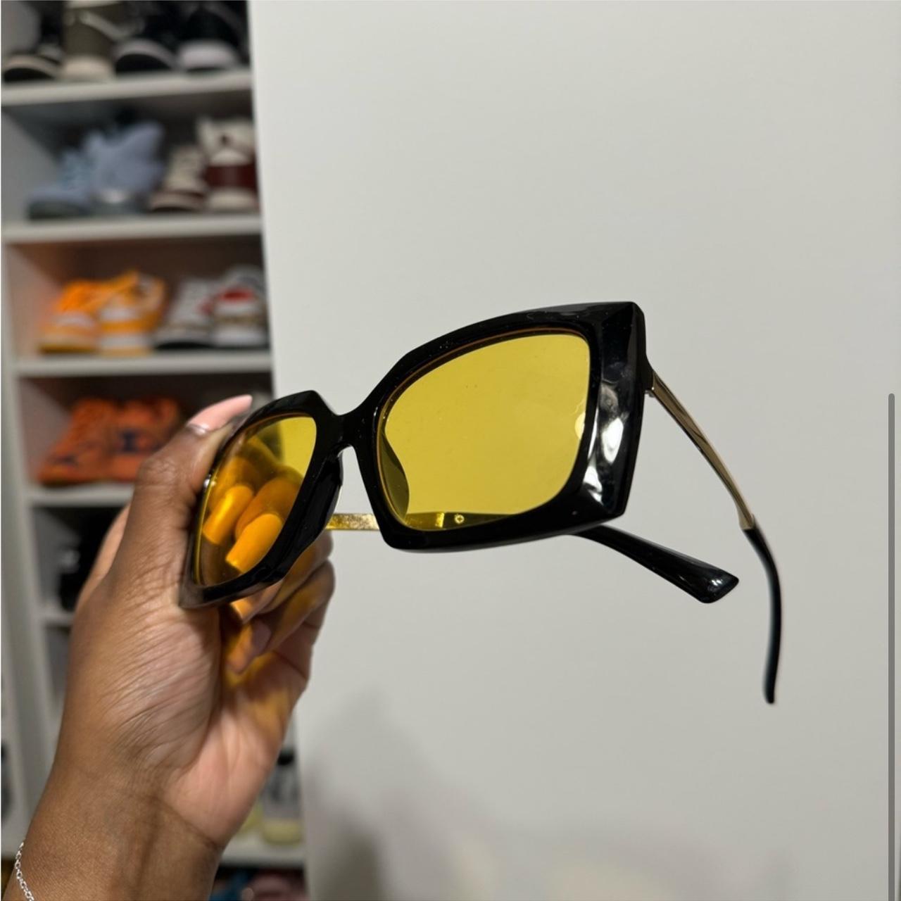 Retro square sunglasses with yellow lens, black... - Depop