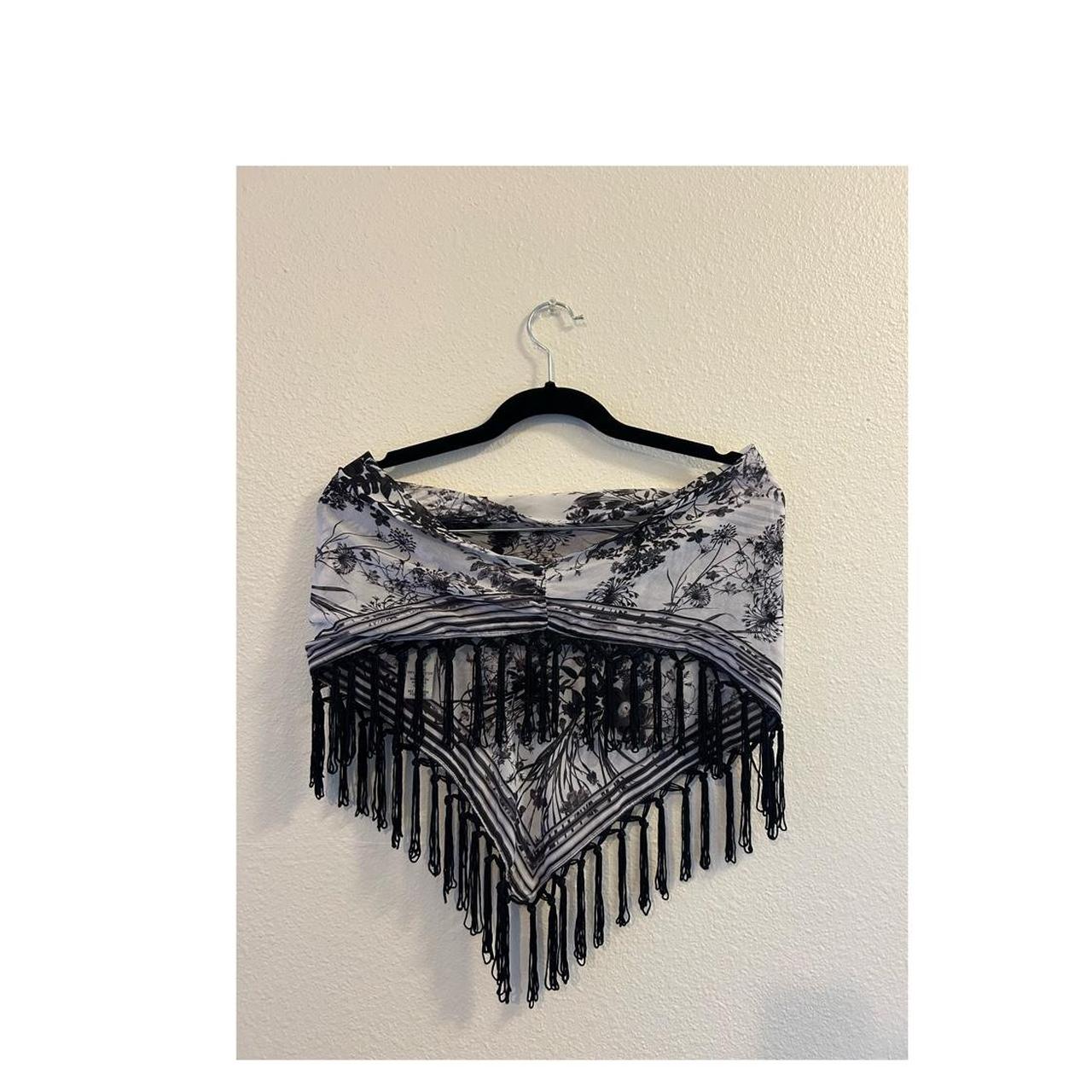 Black and white floral fringe scarf / thneed Can... - Depop