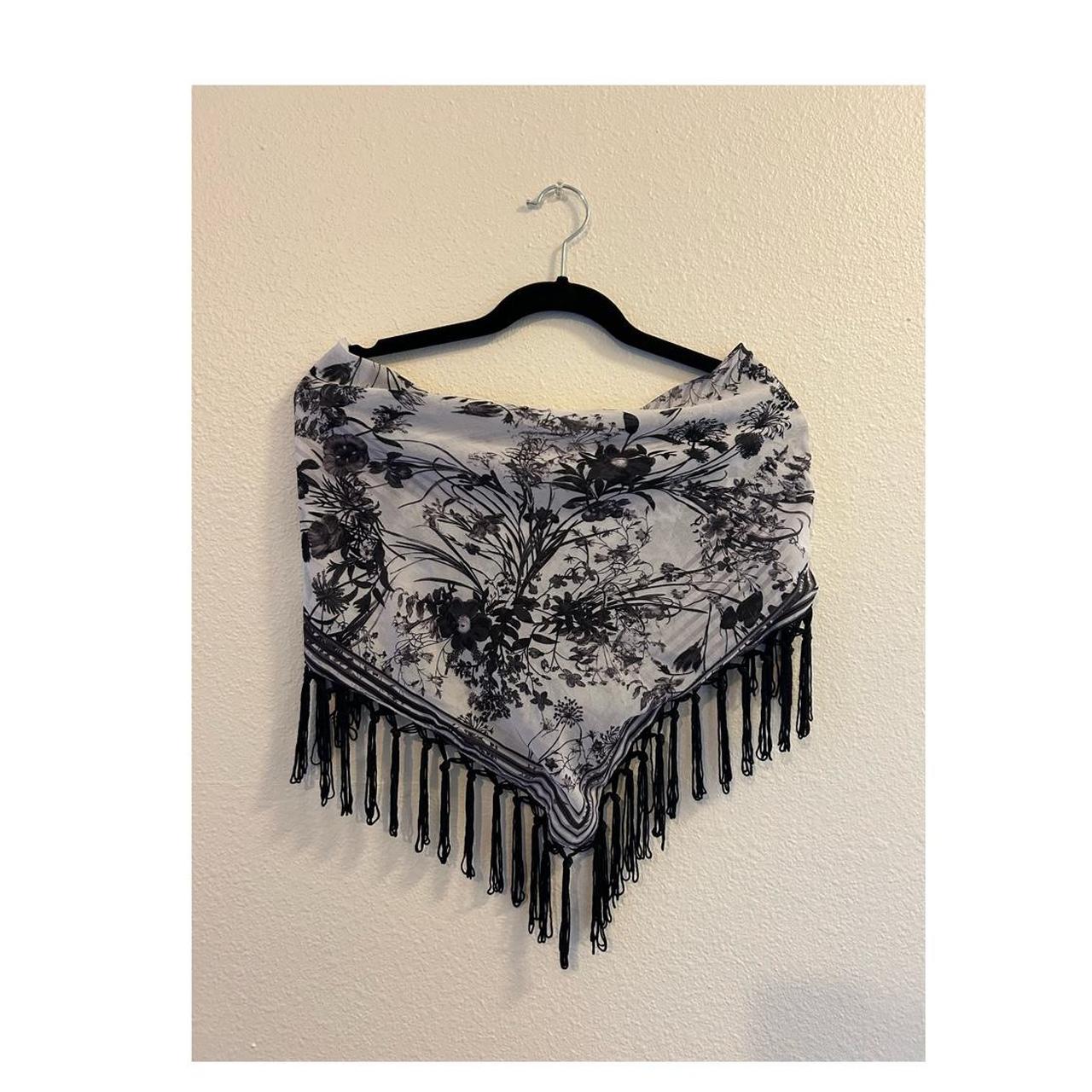 Black and white floral fringe scarf / thneed Can... - Depop