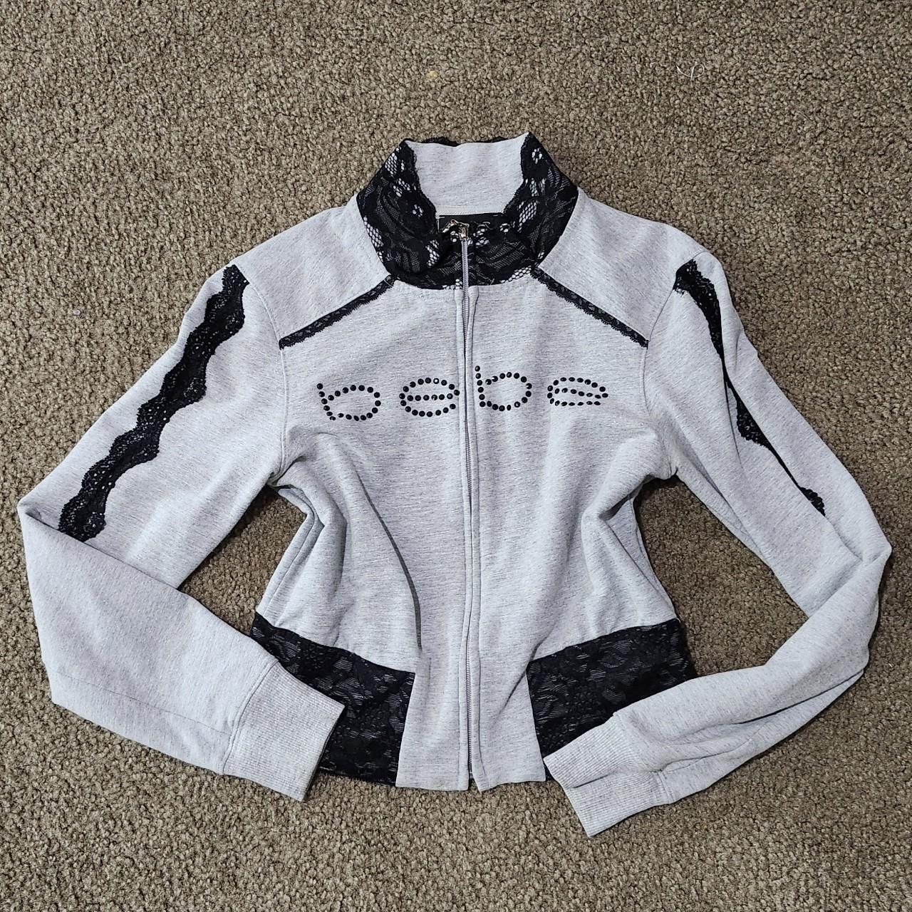 bebe grey tracksuit jacket black lace trim and... - Depop