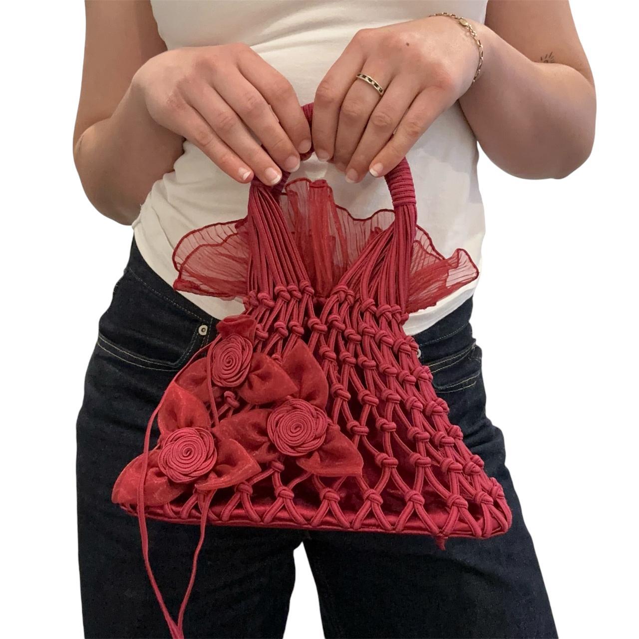 little red bag with crochet detailing and flowers... - Depop