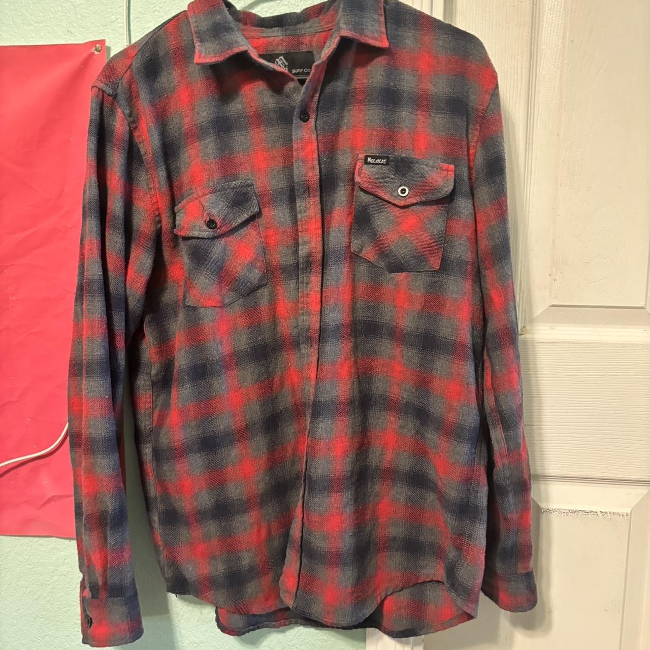 - red and grey/back button up flannel - size large... | Depop