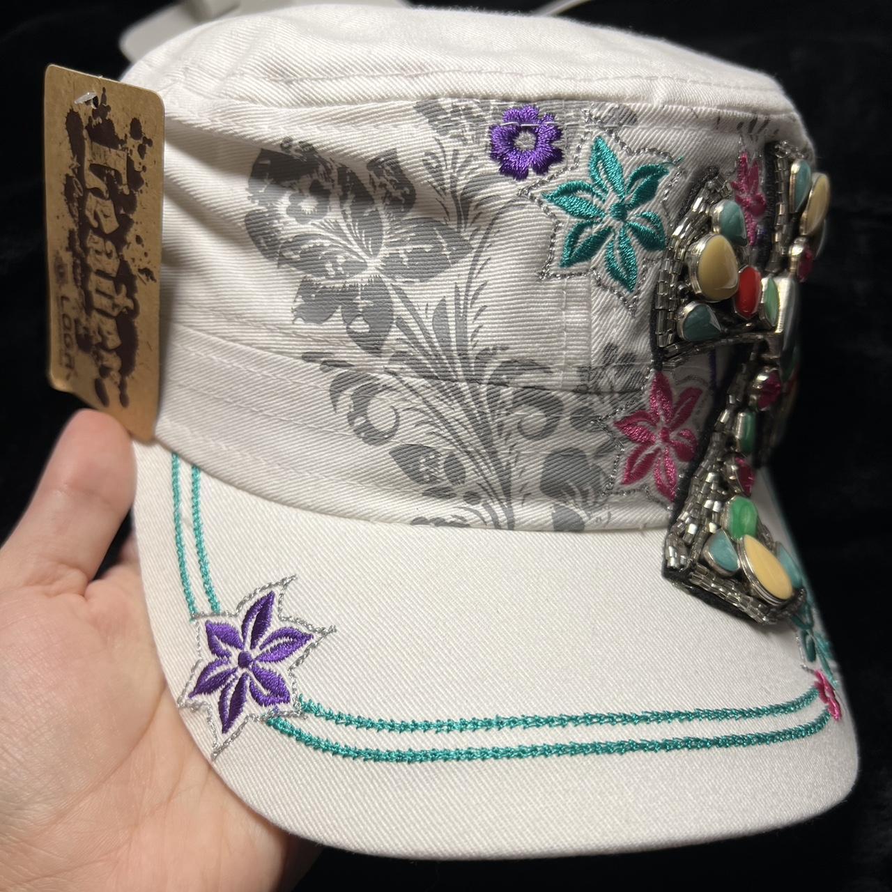 White embroidered cross hat with gems for... | Depop