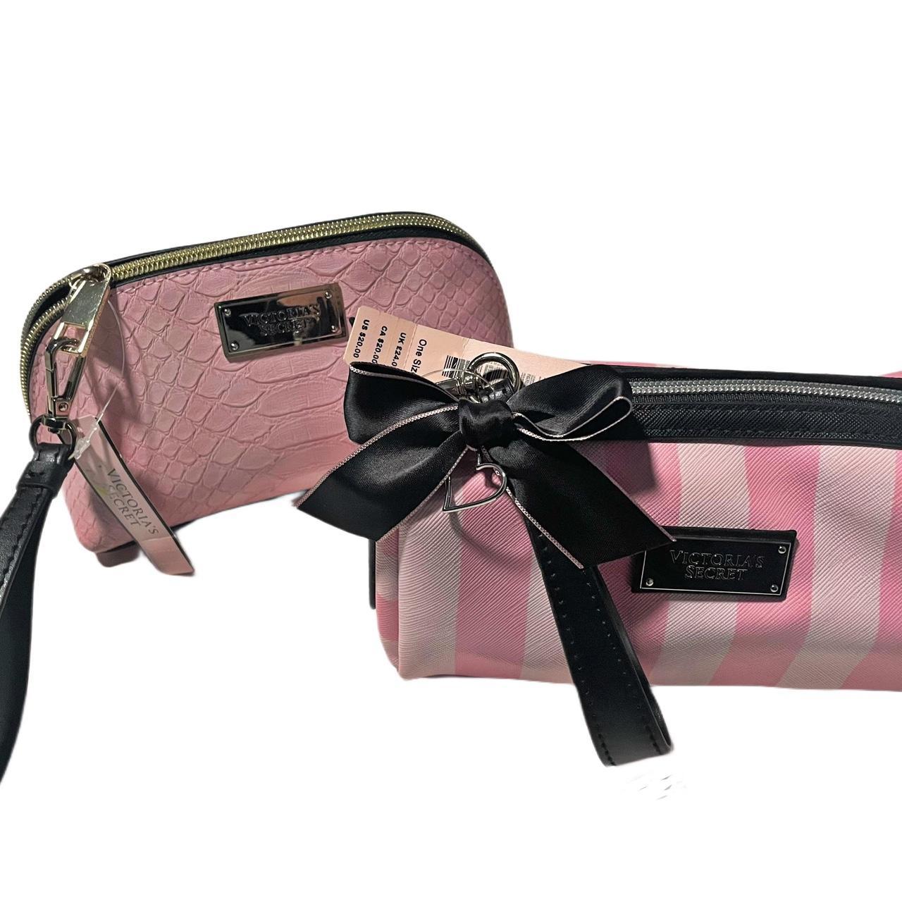 VICTORIAS SECRET MAKEUP POUCHES SET PINK STRIPE AND... - Depop