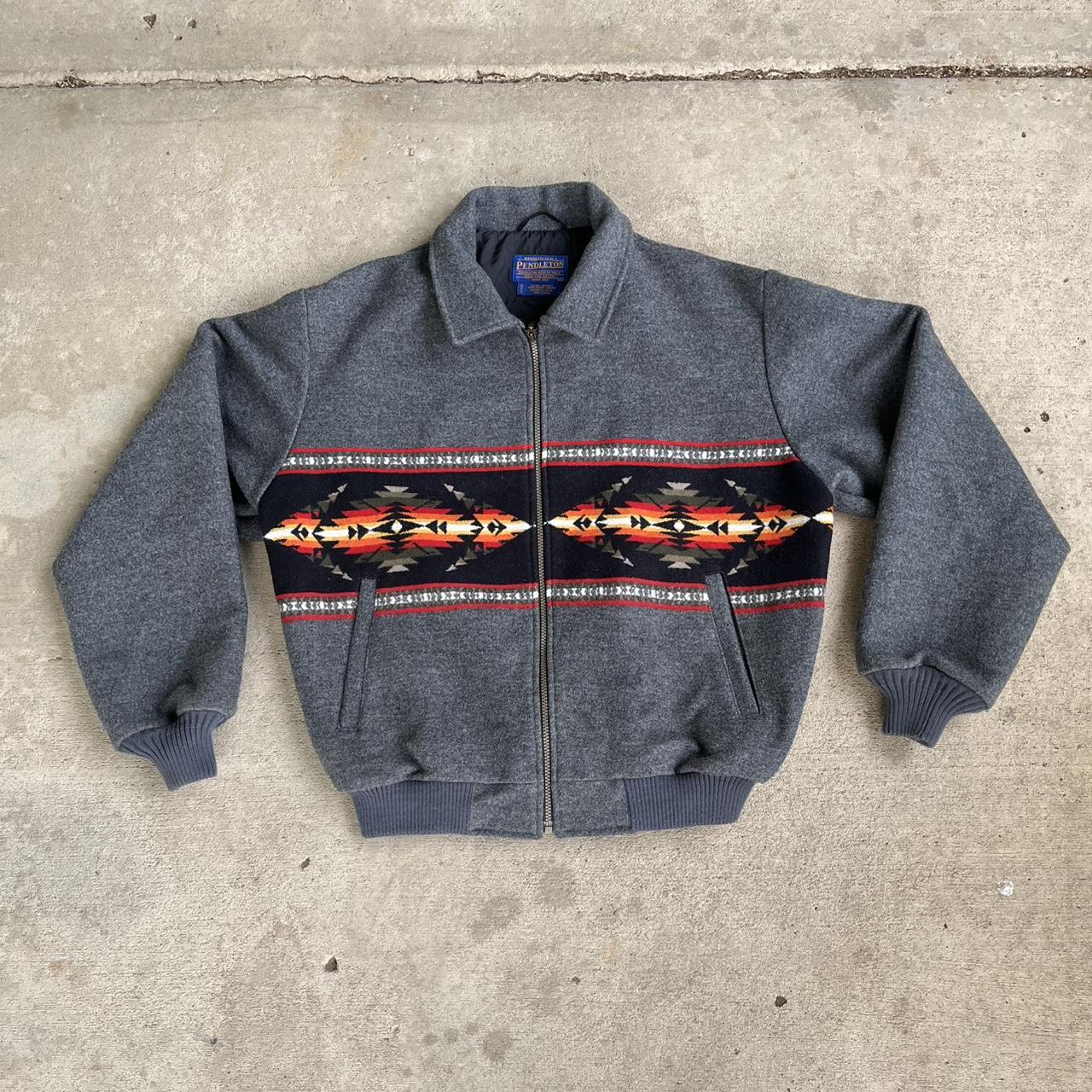 Grey Pendleton wool bomber jacket with red and black... - Depop