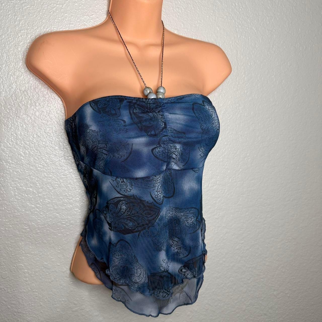 Blue and navy mesh tube top with butterfly print... | Depop