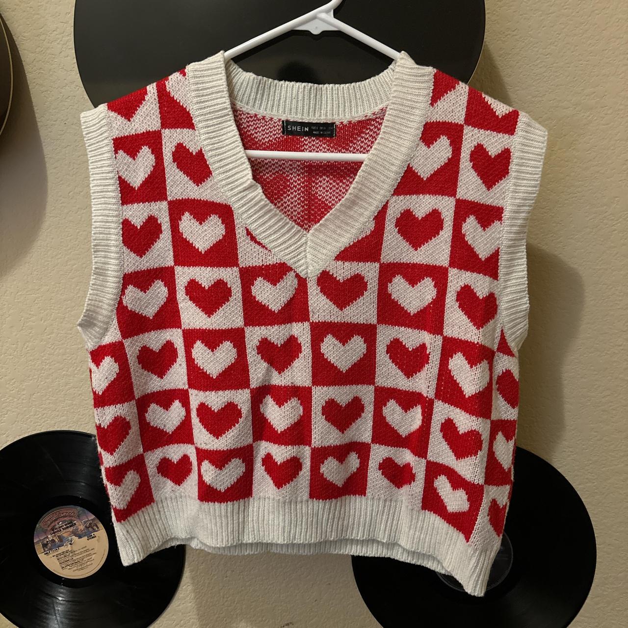 SHEIN red and white heart sweater vest Small, but... - Depop