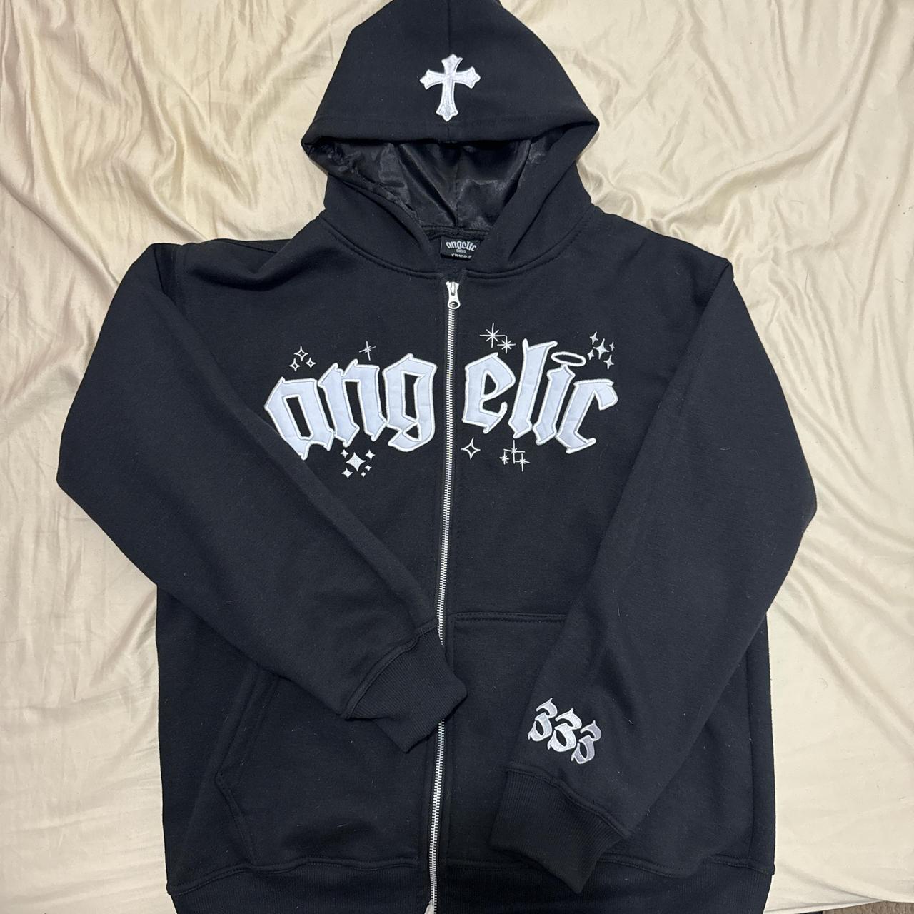 large, Black “Angelic Motion” Zip-Up Hoodie - Depop