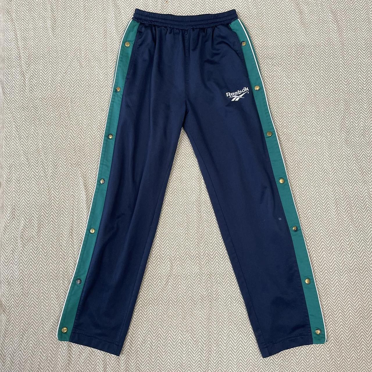 Navy/Green Reebok Popper Track Pants Waist:... - Depop