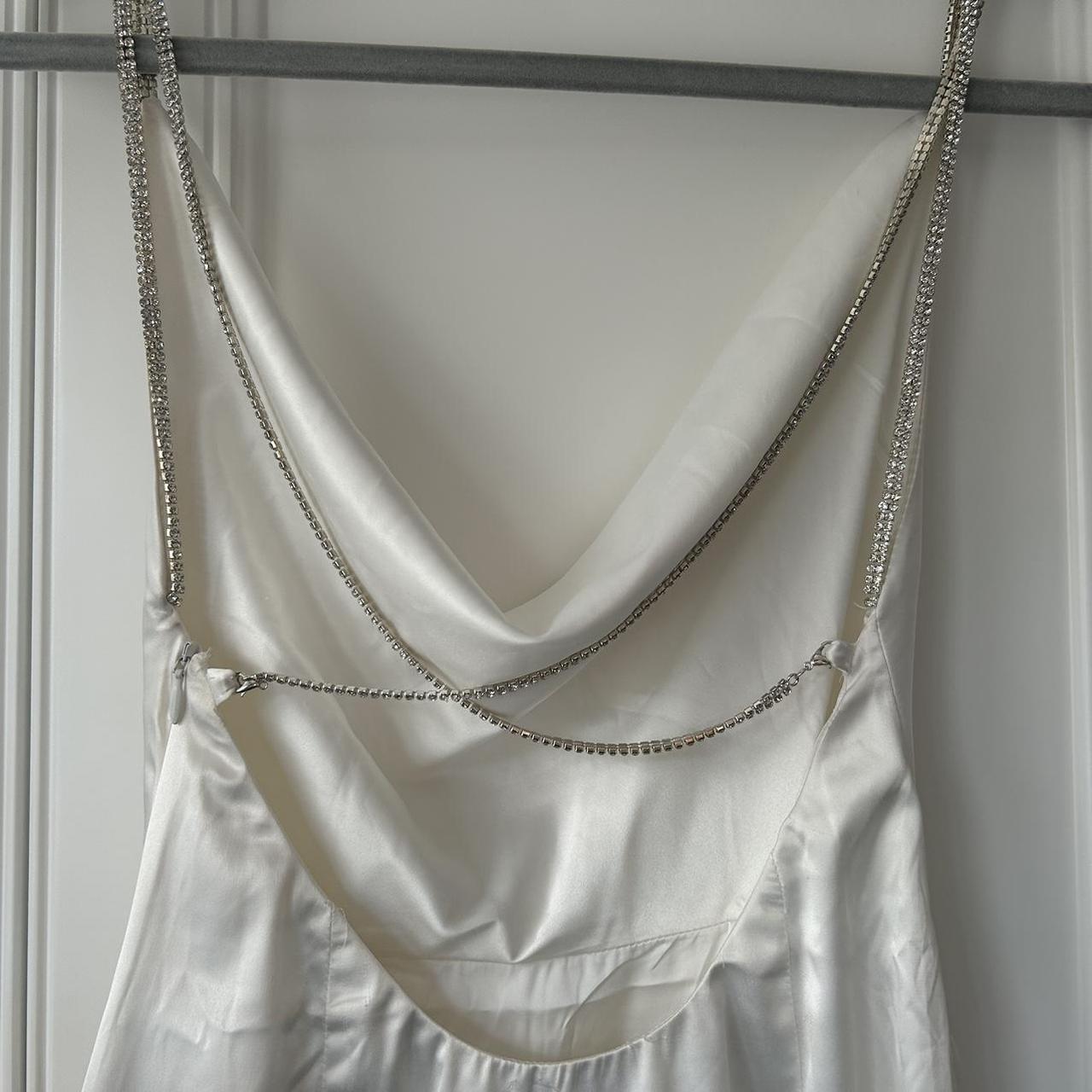 Meshki white satin mini dress with diamanté straps... - Depop