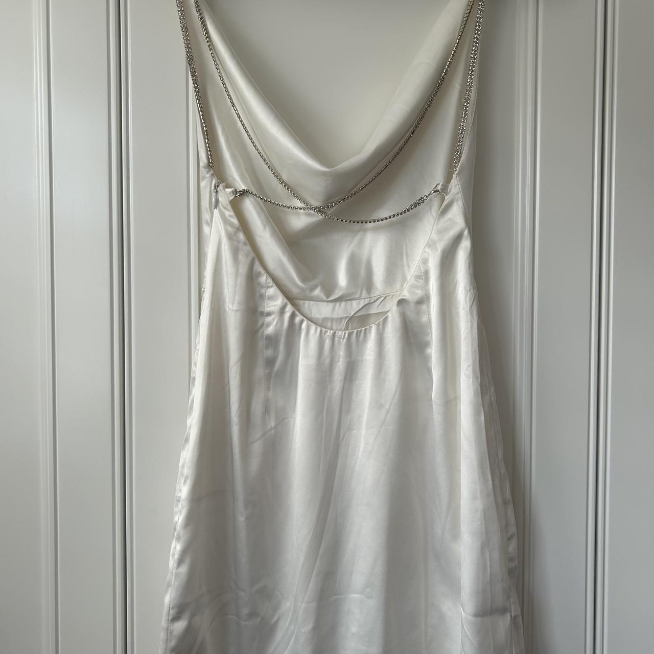 Meshki white satin mini dress with diamanté straps... - Depop