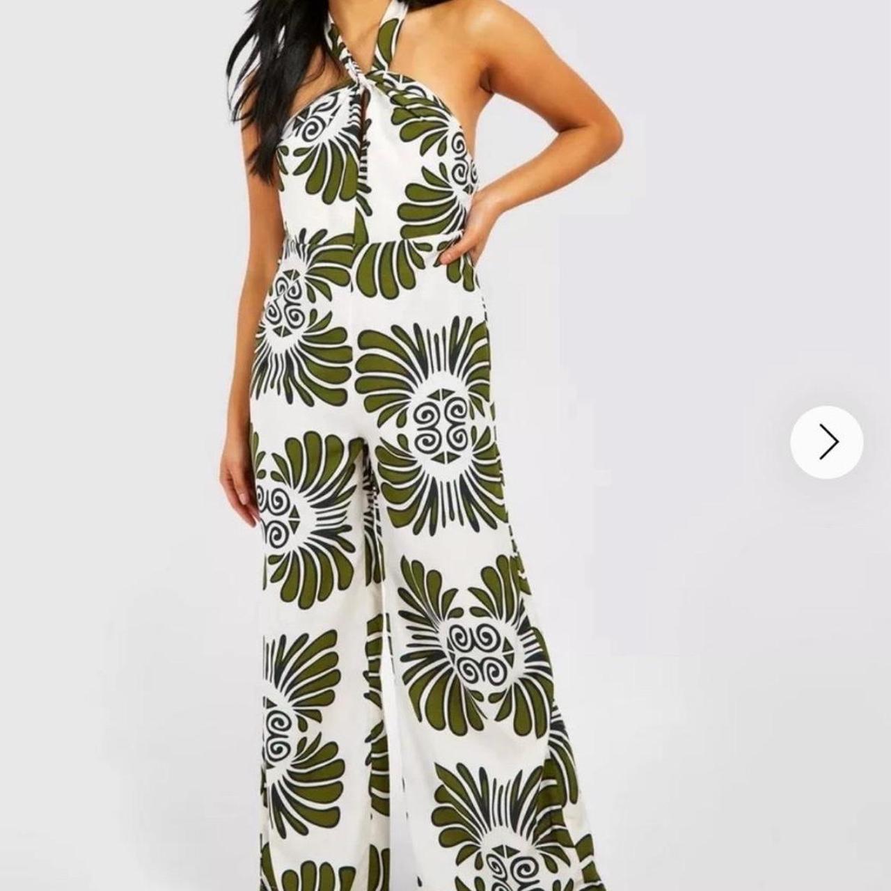 Green and white floral halter neck jumpsuit. - Depop