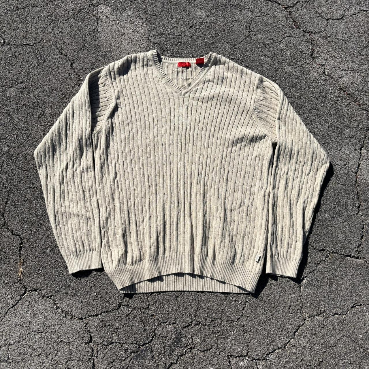 Tan vintage izod cable knit v neck... - Depop