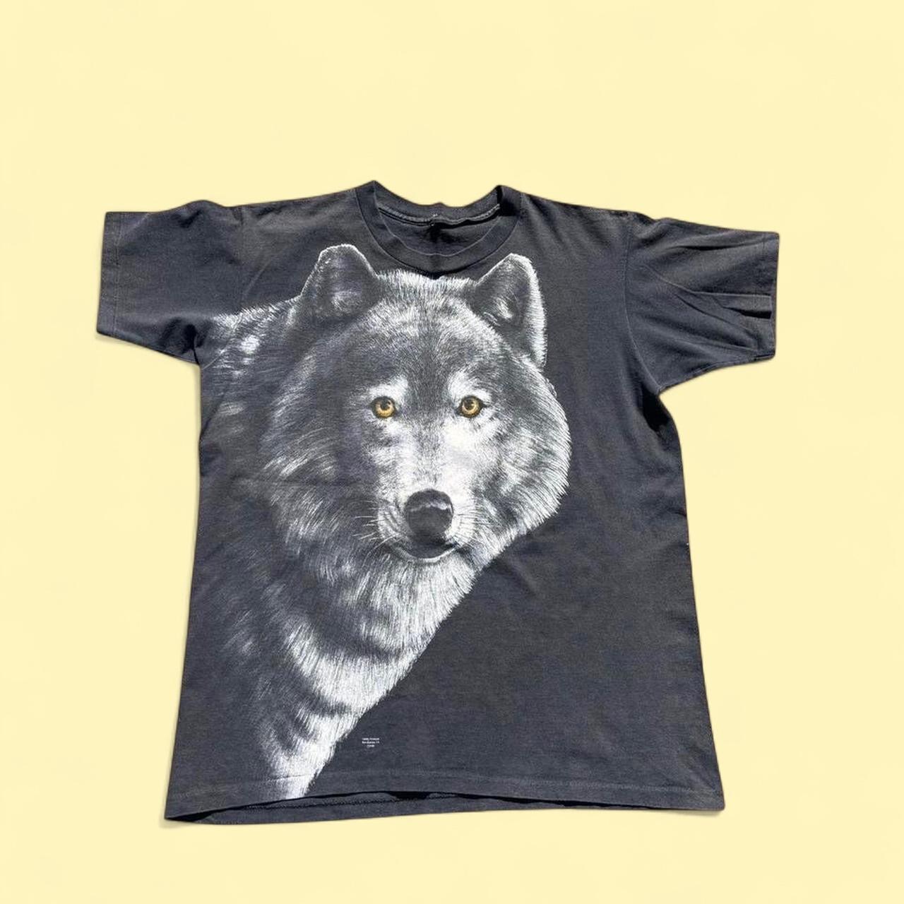 1993 vintage black and white wolf graphic tee... | Depop