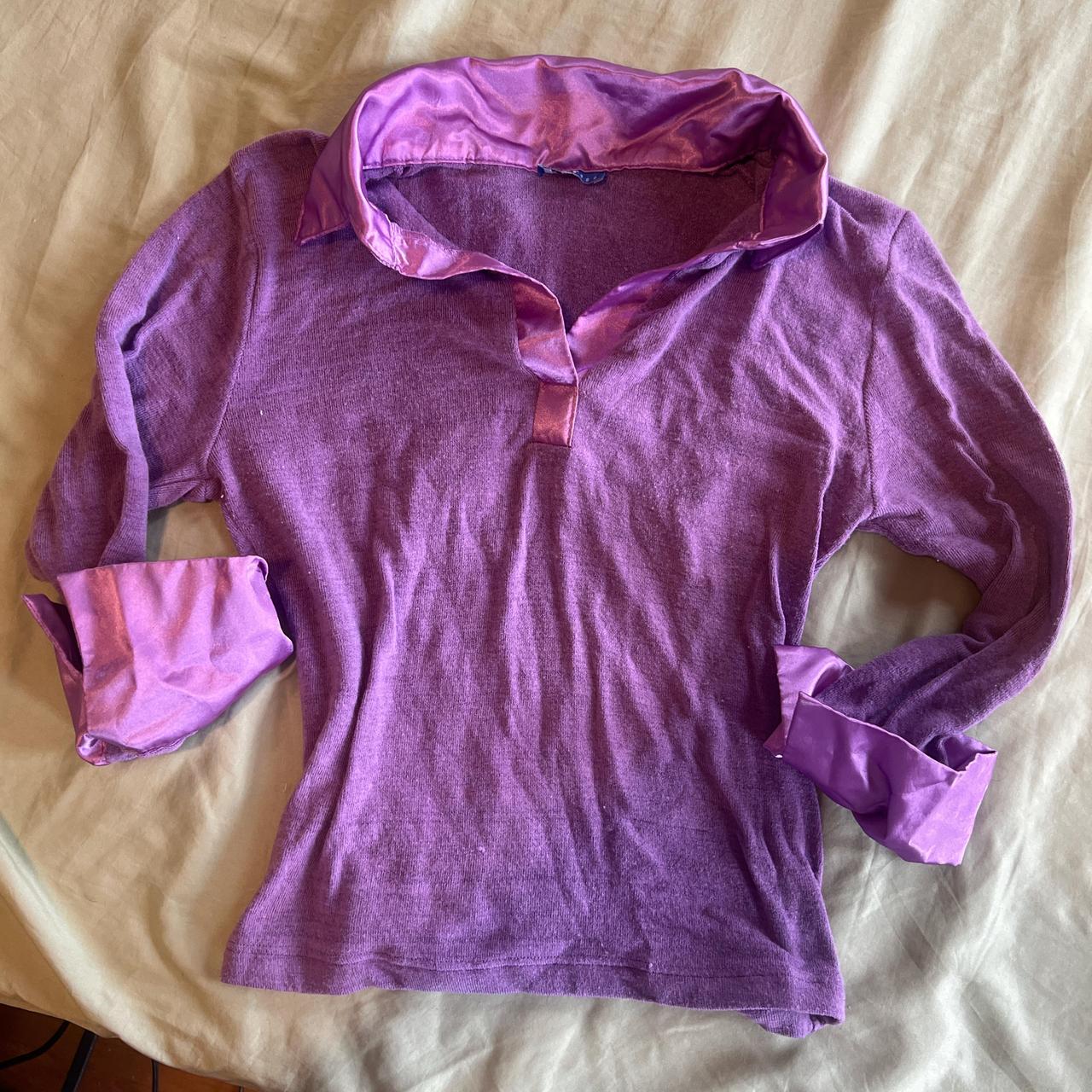 Vintage AF Purple preppy blouse with satin collar... - Depop
