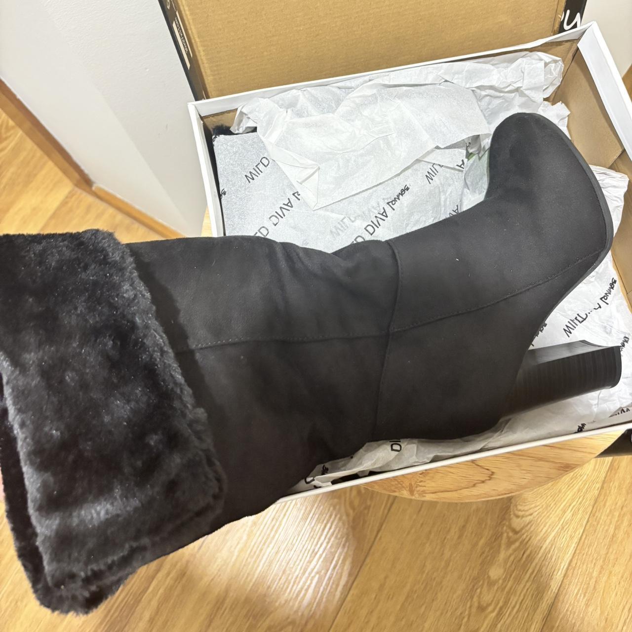 Black suede mid calf boots with faux fur trim... | Depop