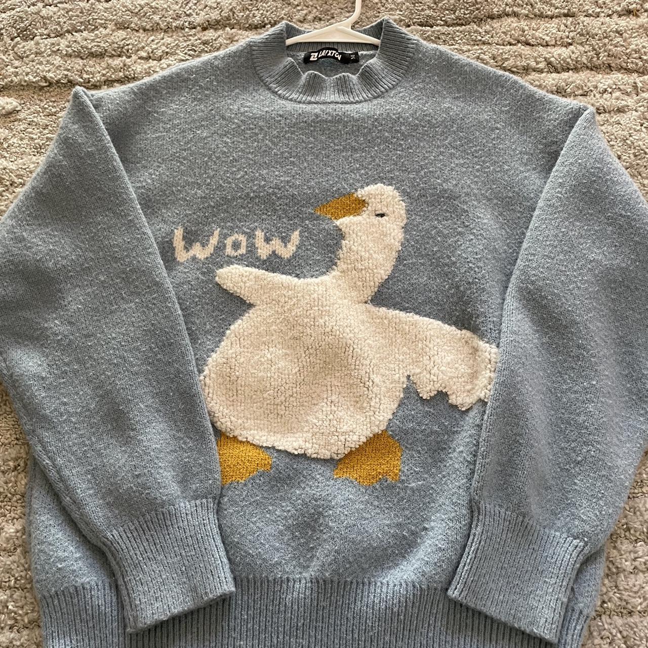 Cute blue goose sweater, good condition size medium - Depop