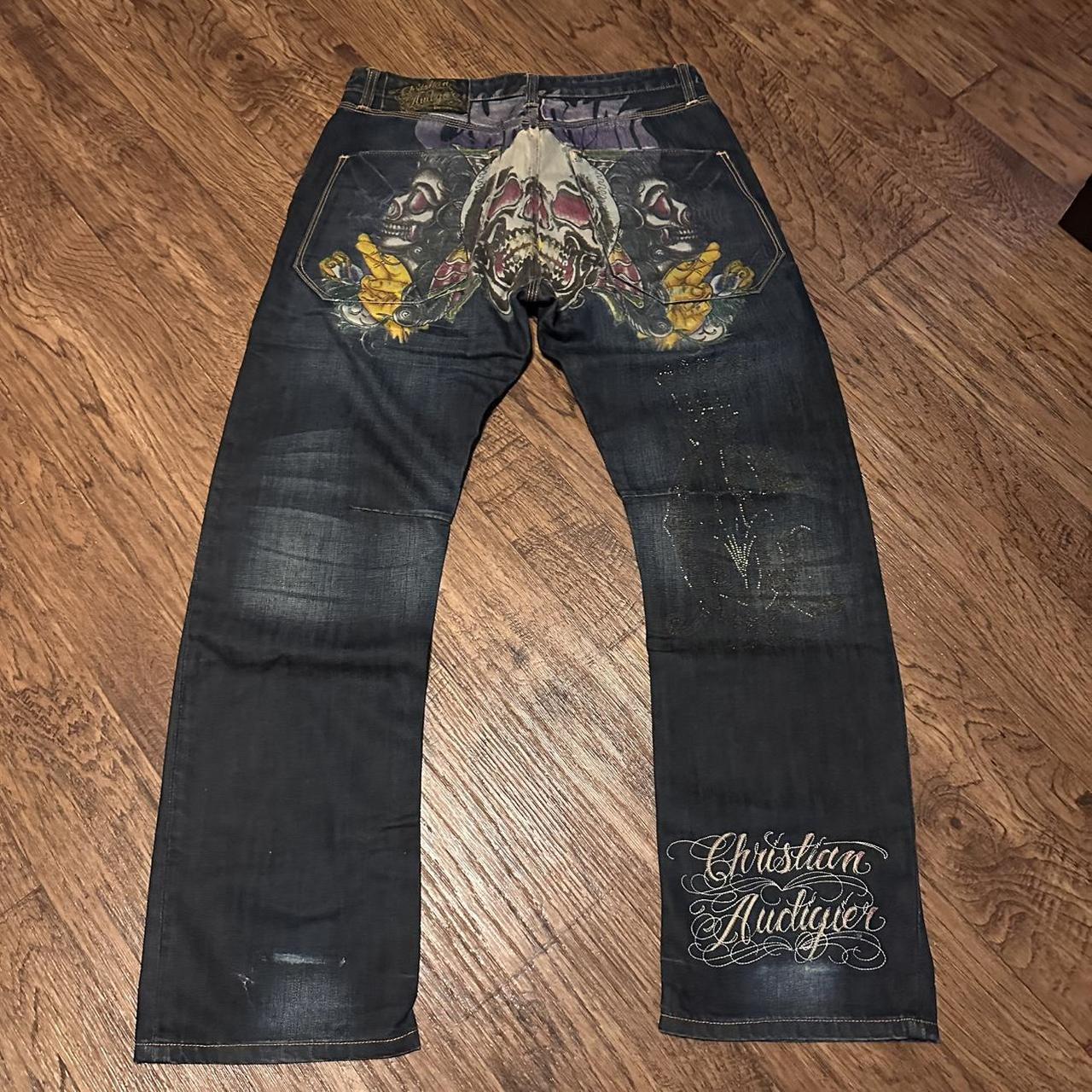 Christian audigier skull embroidered jeans day of... | Depop