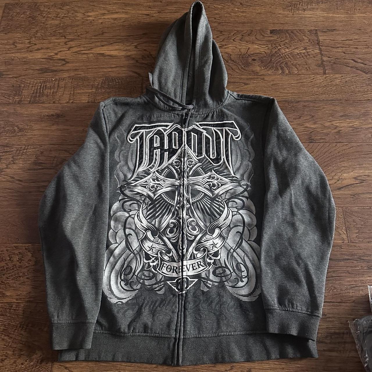 rare grey tapout cross design zip up hoodie Size... | Depop