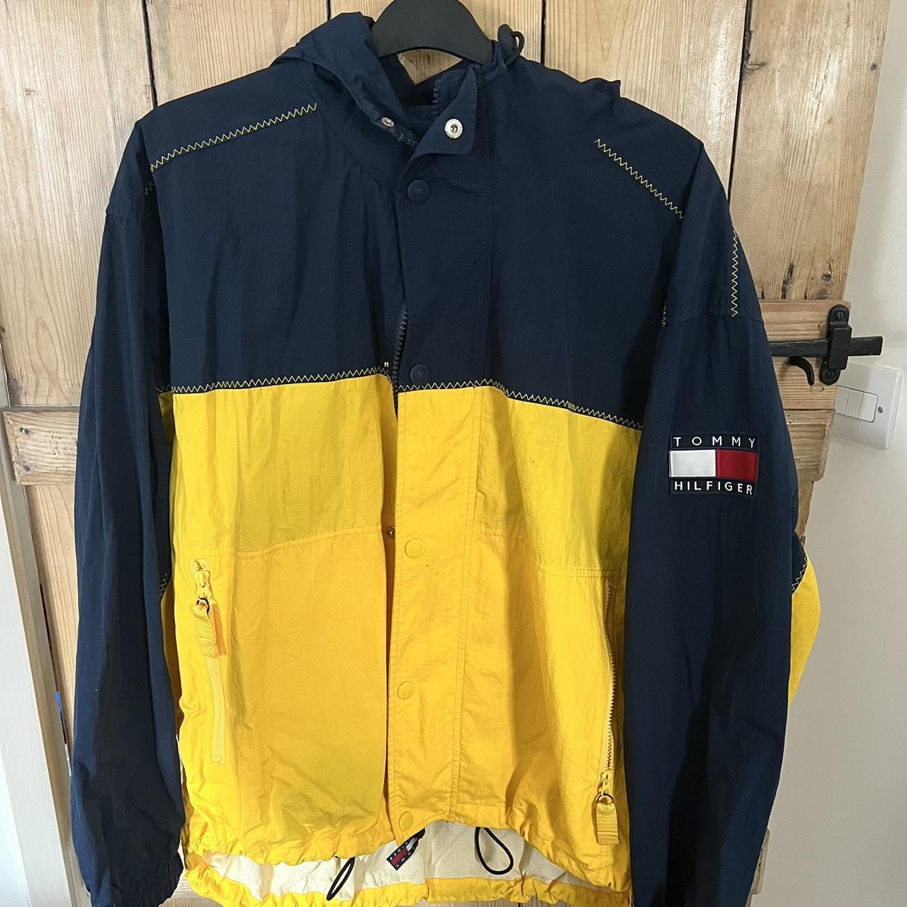 Vintage Tommy Hilfiger Yellow and Navy Waterproof... - Depop