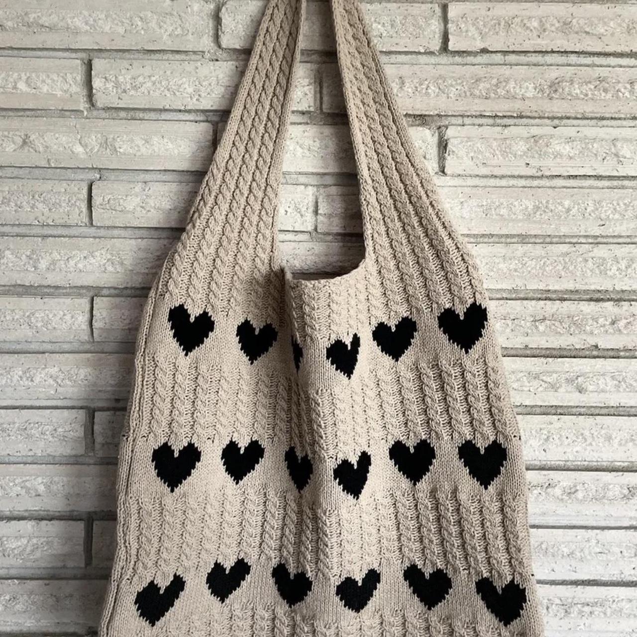 Knitted Handbag Large Tote Black Heart 13”x14”... - Depop