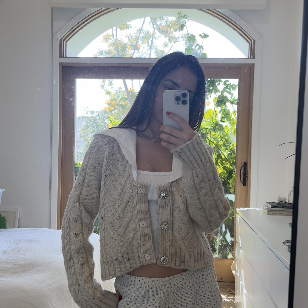 ganni cream / beige knit cardigan sweater with jewel... - Depop