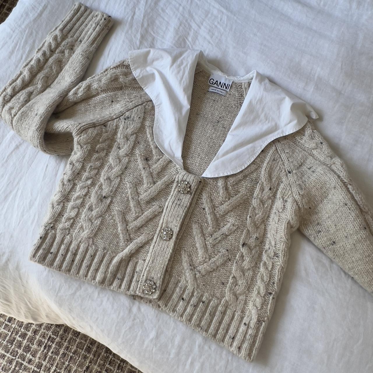 ganni cream / beige knit cardigan sweater with jewel... - Depop