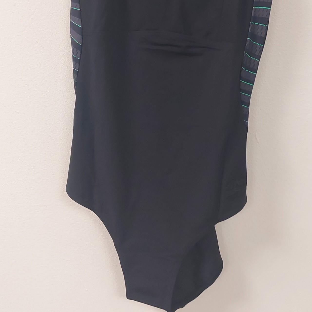 black Speedo Costume with Green and Grey Striped... - Depop