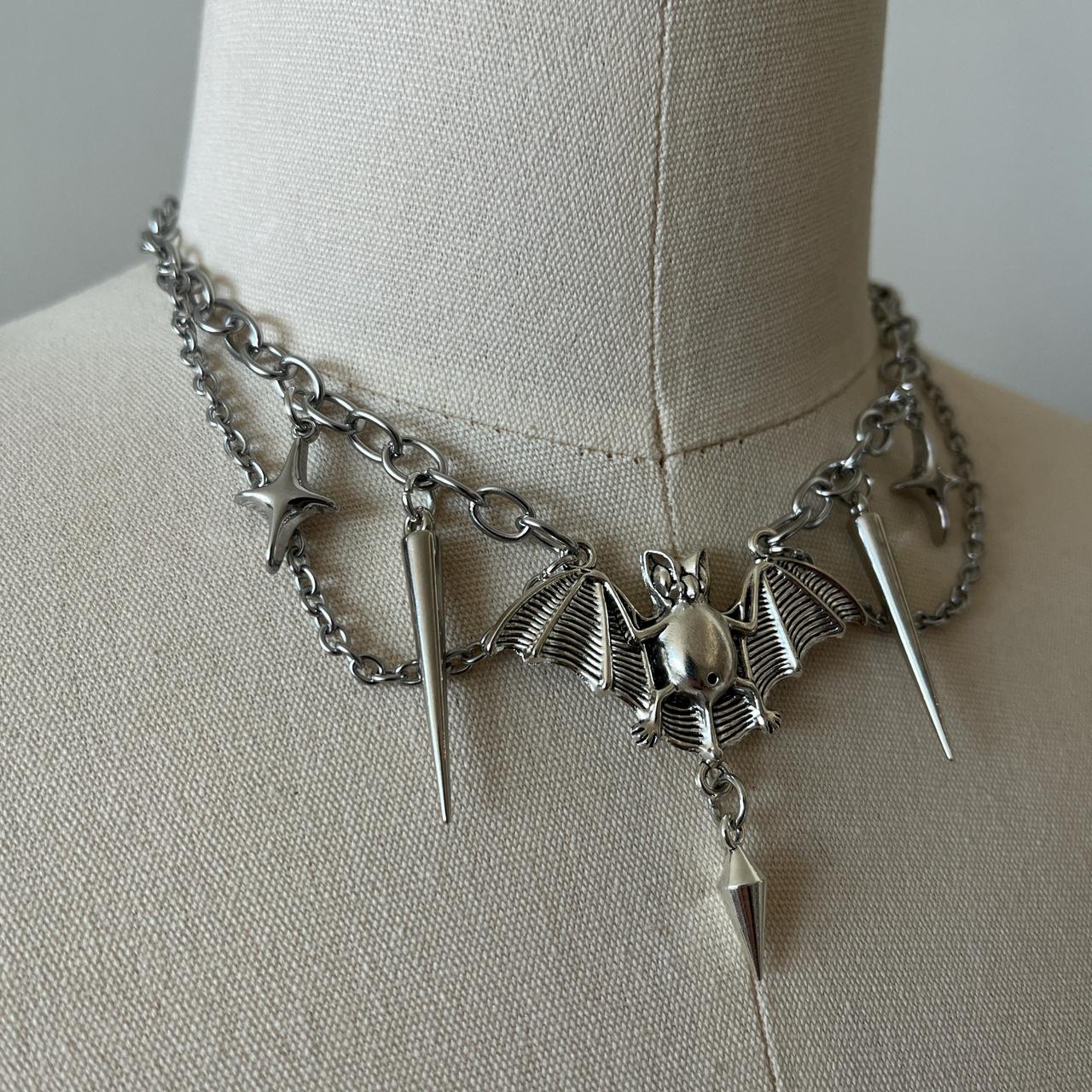 HANDMADE | Silver bat necklace with spikes and star... - Depop