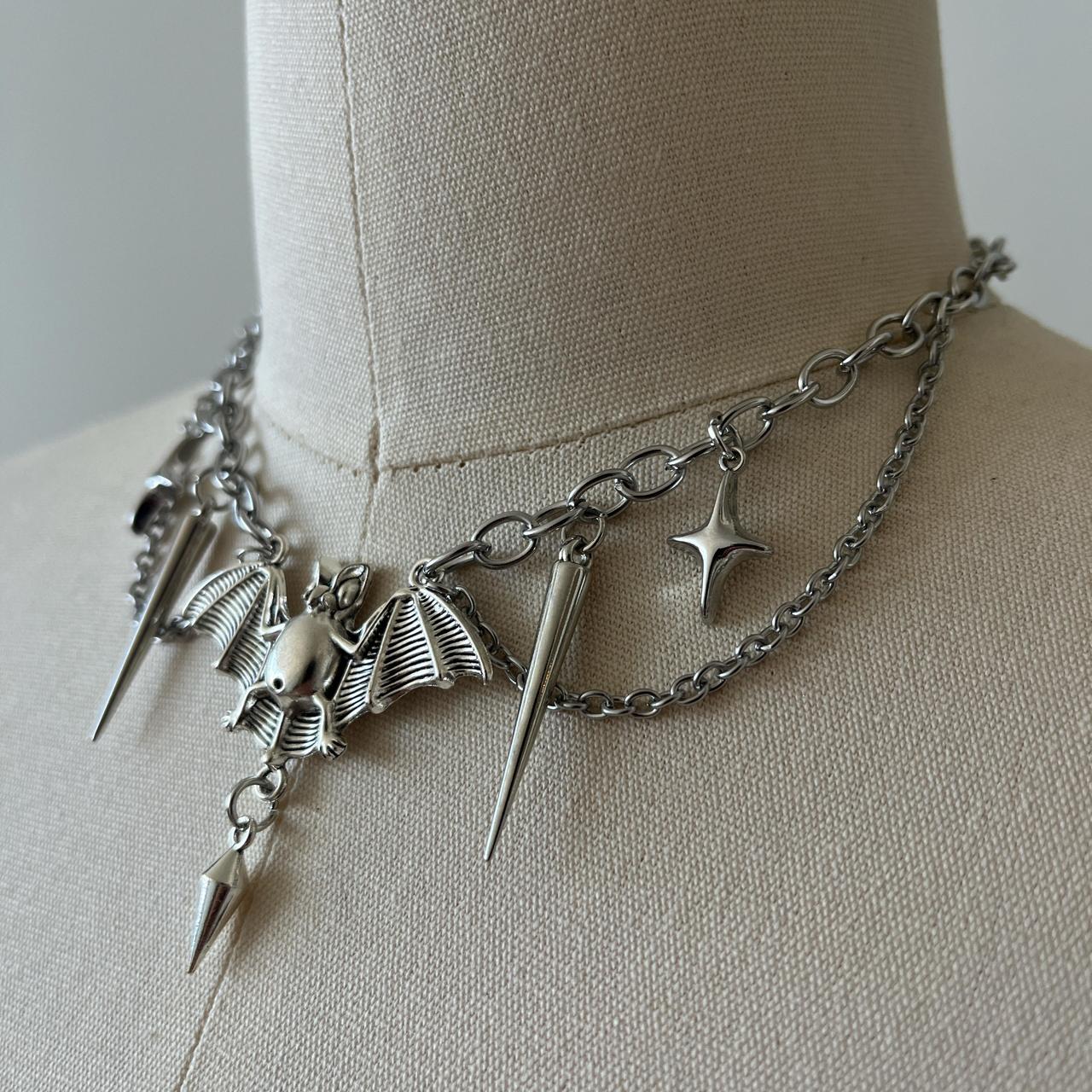 HANDMADE | Silver bat necklace with spikes and star... - Depop